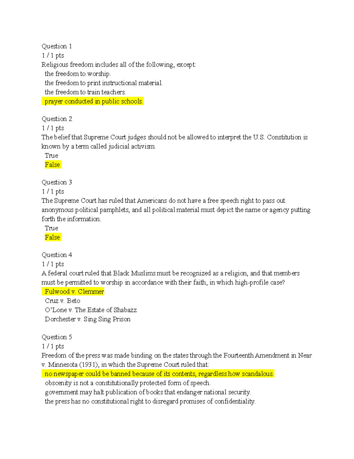 Chapter 5 Mini Homework Set Attempt 2 - Question 1 1 / 1 pts Religious ...