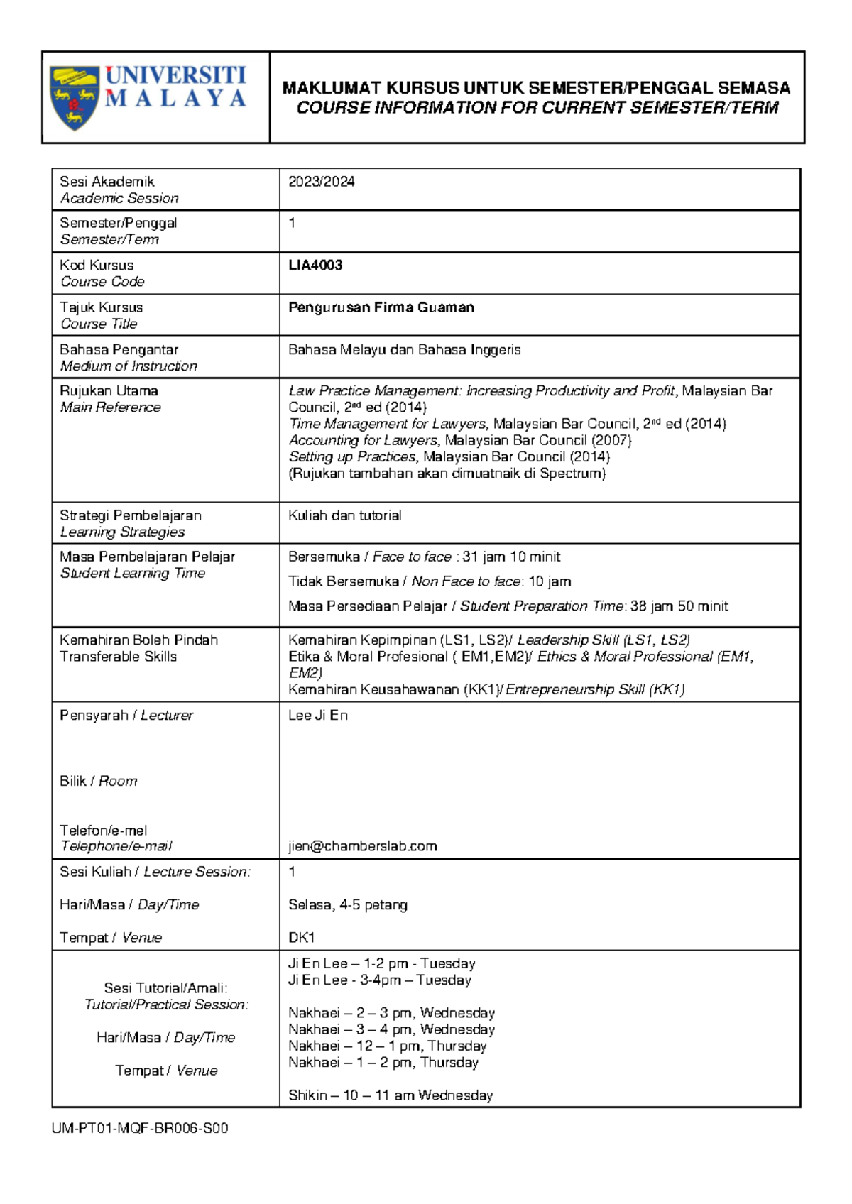 BR006- Maklumat Kursus (2023) - COURSE INFORMATION FOR CURRENT SEMESTER/TERM Sesi Akademik ...