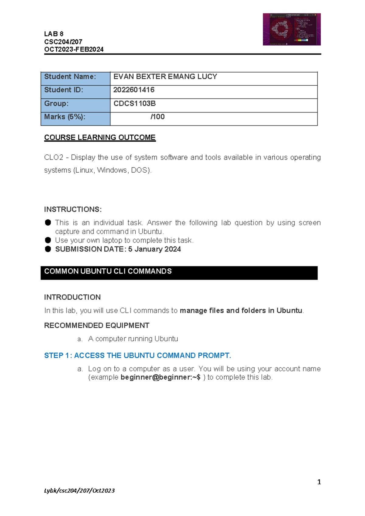 CSC207 Lab Exercise 8 - CSC204/ OCT2023-FEB 1 Student Name: EVAN BEXTER EMANG LUCY Student ID ...