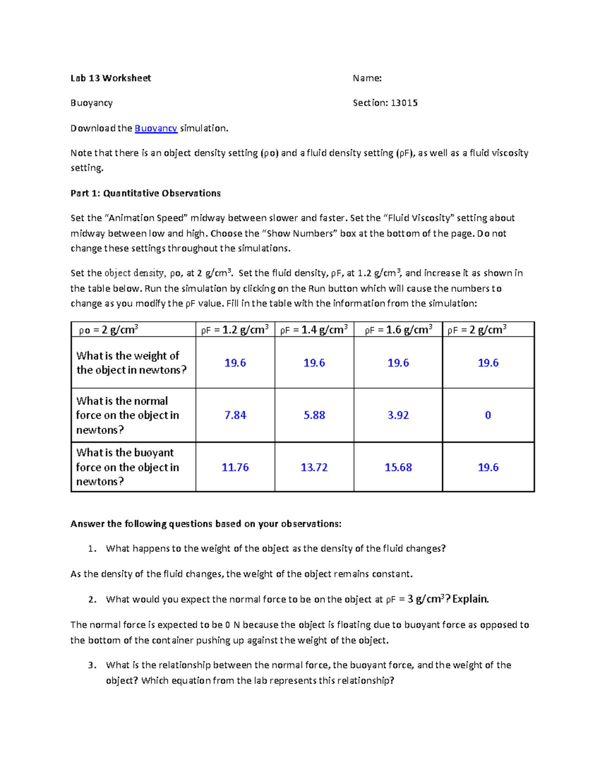 Lab13 buoyancy - Lab 13 Worksheet Name: Matthew Evangelista Buoyancy ...