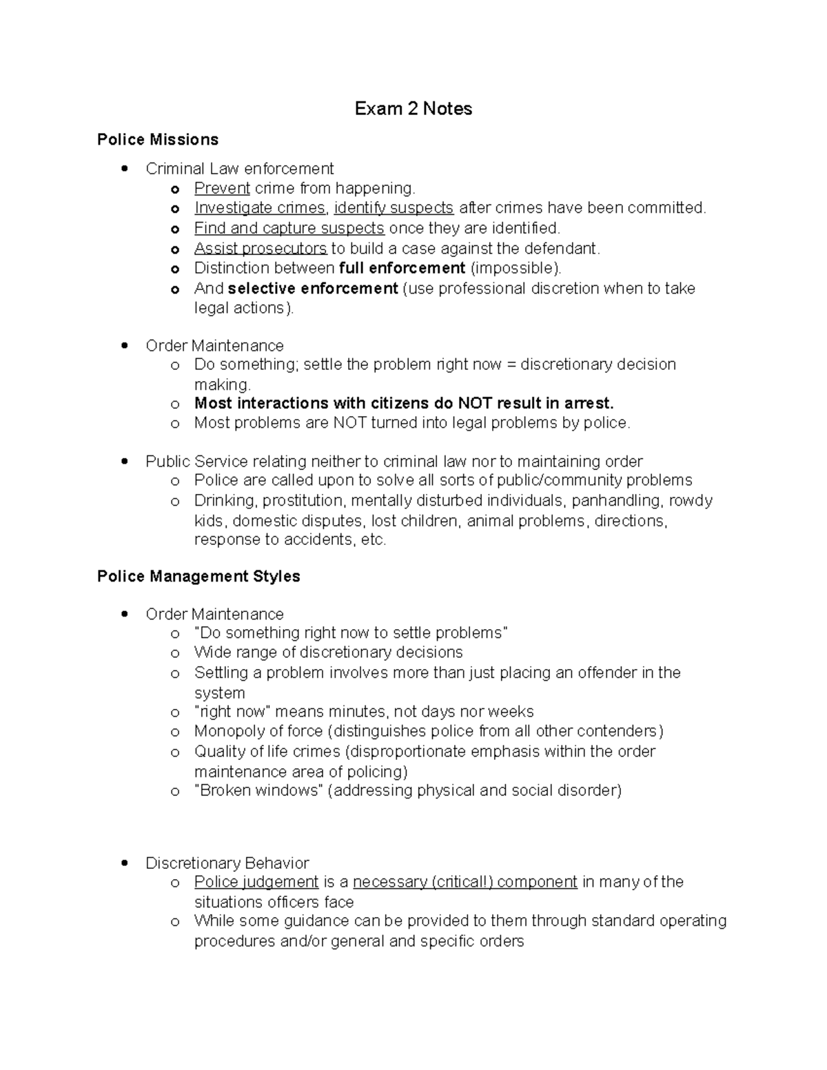 Exam 2 Notes - Exam 2 Notes Police Missions Criminal Law enforcement o ...