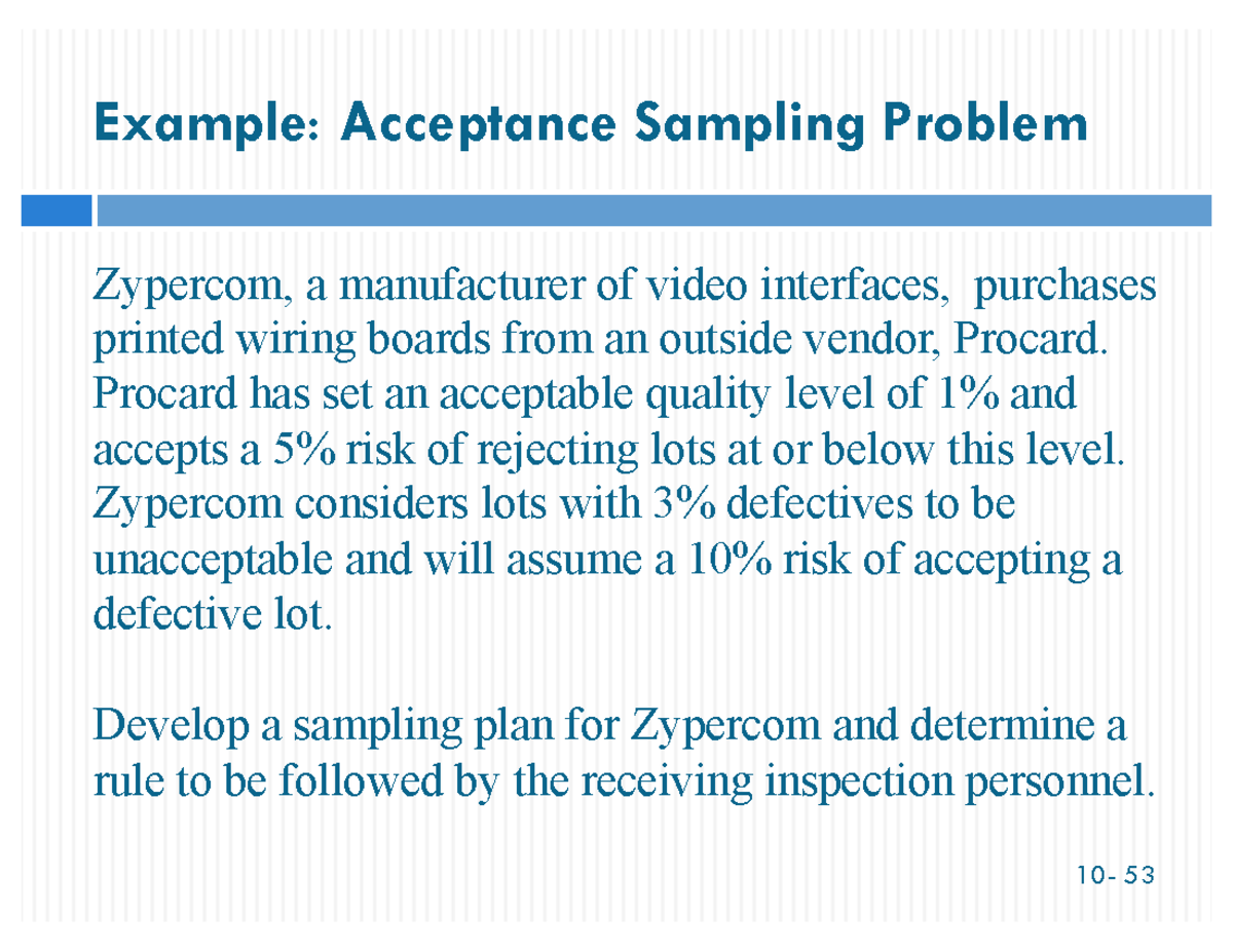 Acceptance Sampling or Sampling Plan Exercises - Example: Acceptance Sampling Problem Zypercom ...