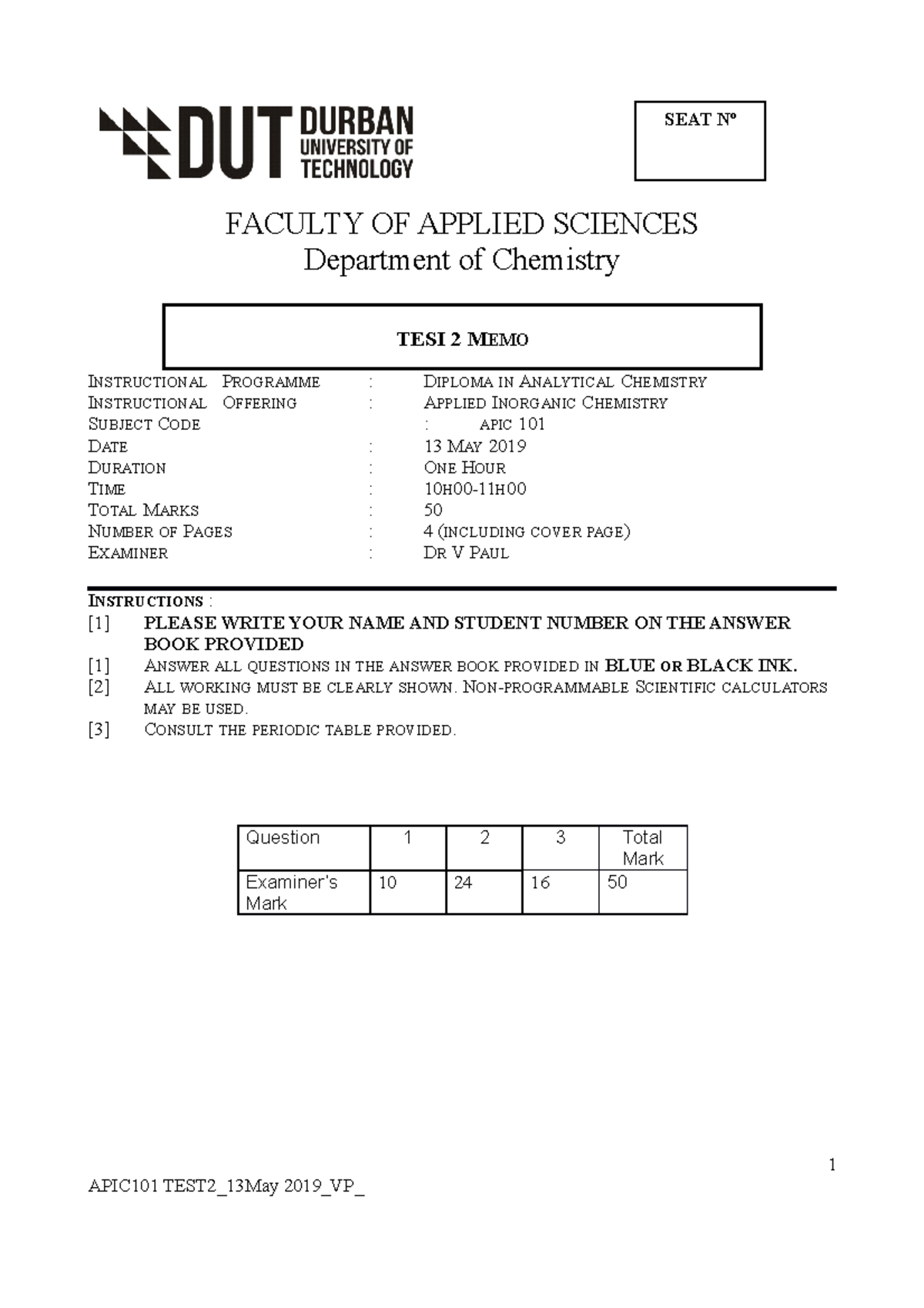 Test2 13May 2019 MEMO - Inorganic Test And Memo - 1 FACULTY OF APPLIED ...