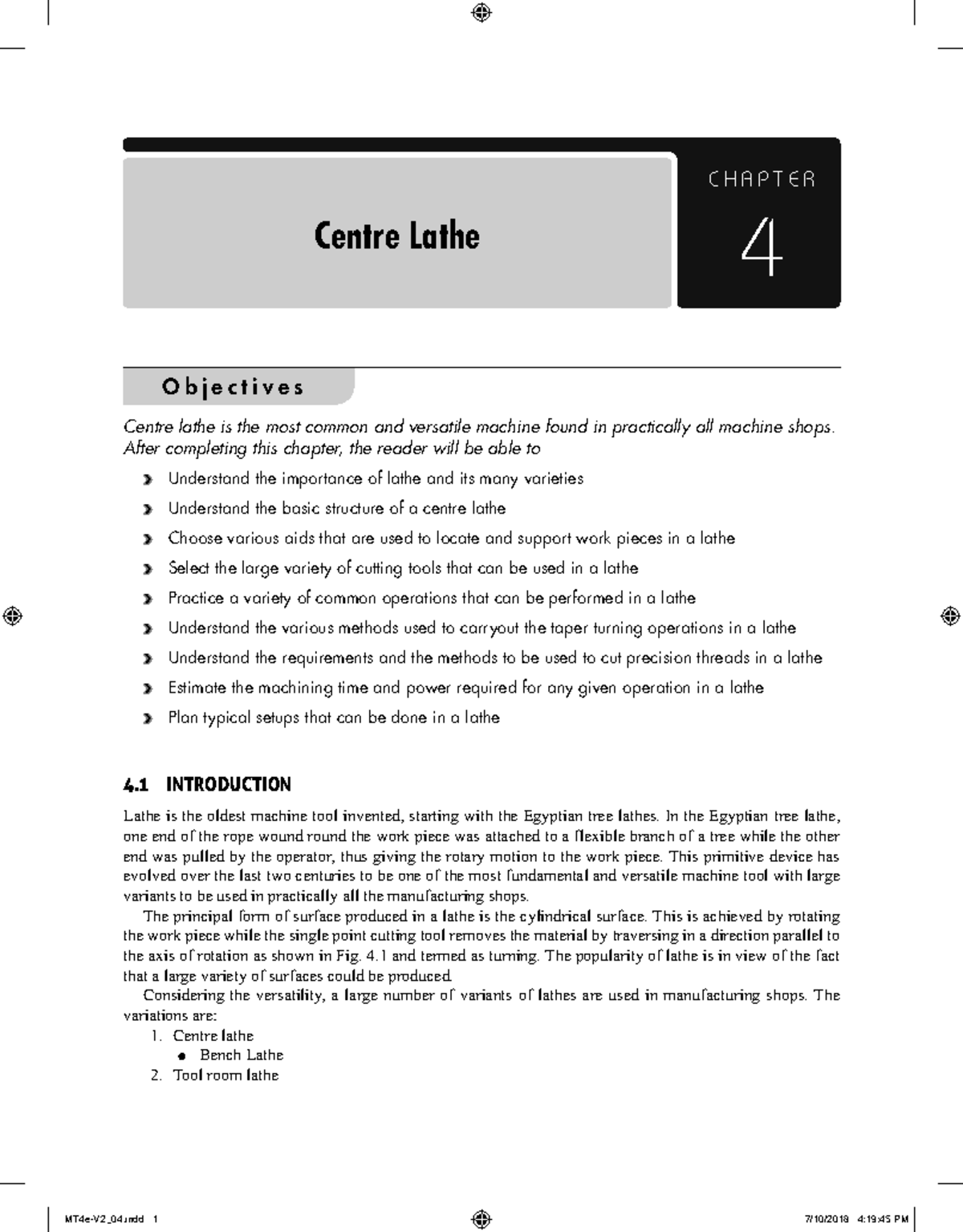 Manufacturing Lathe - C h a p t e r 4 Centre Lathe O b j e c t i v e s ...