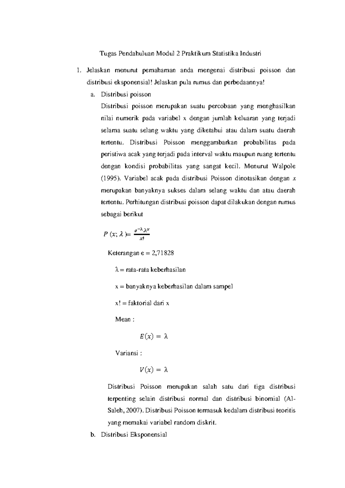 Tp 2 statin - Distribusi Poisson dan Distribusi Eksponensial - Tugas Pendahuluan Modul 2 ...