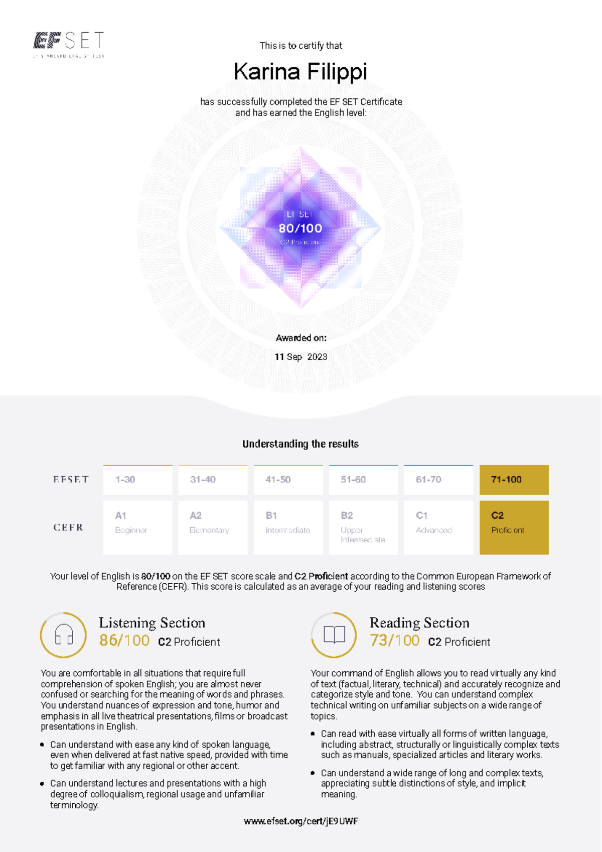 EF SET Certificate - This is to certify that Karina Filippi has ...