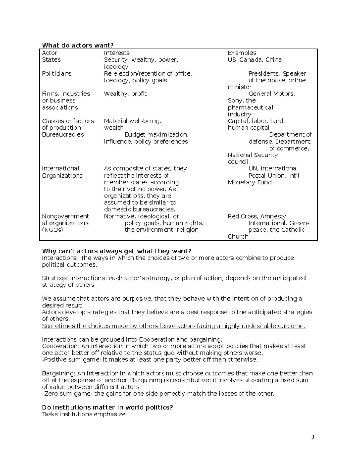 INR 2002 - Summary International Relations - What do actors want? Actor ...