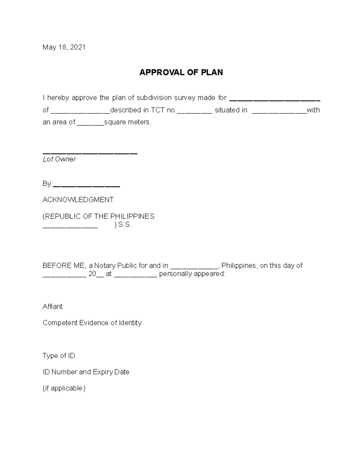 Approval of the Survey Plan%20blank%20sample - May 18, 2021 APPROVAL OF ...