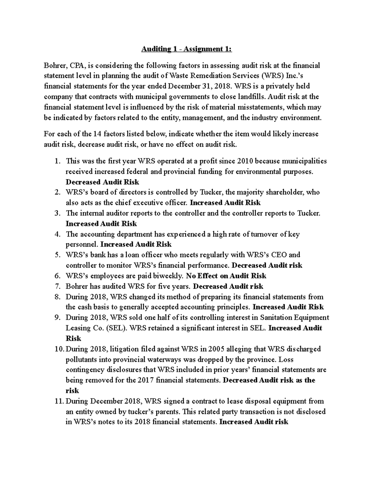 Auditing Assignment 1 - Auditing 1 - Assignment 1: Bohrer, CPA, is considering the following ...