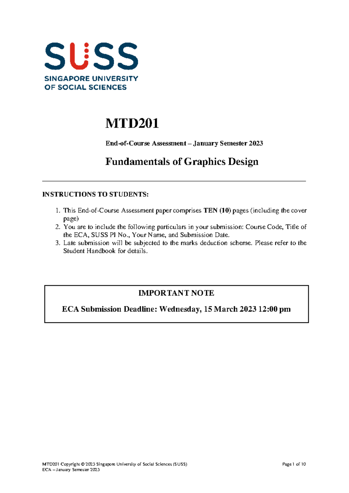 MTD201 JAN 2023 ECA - MTD201 Copyright © 20 23 Singapore University of ...