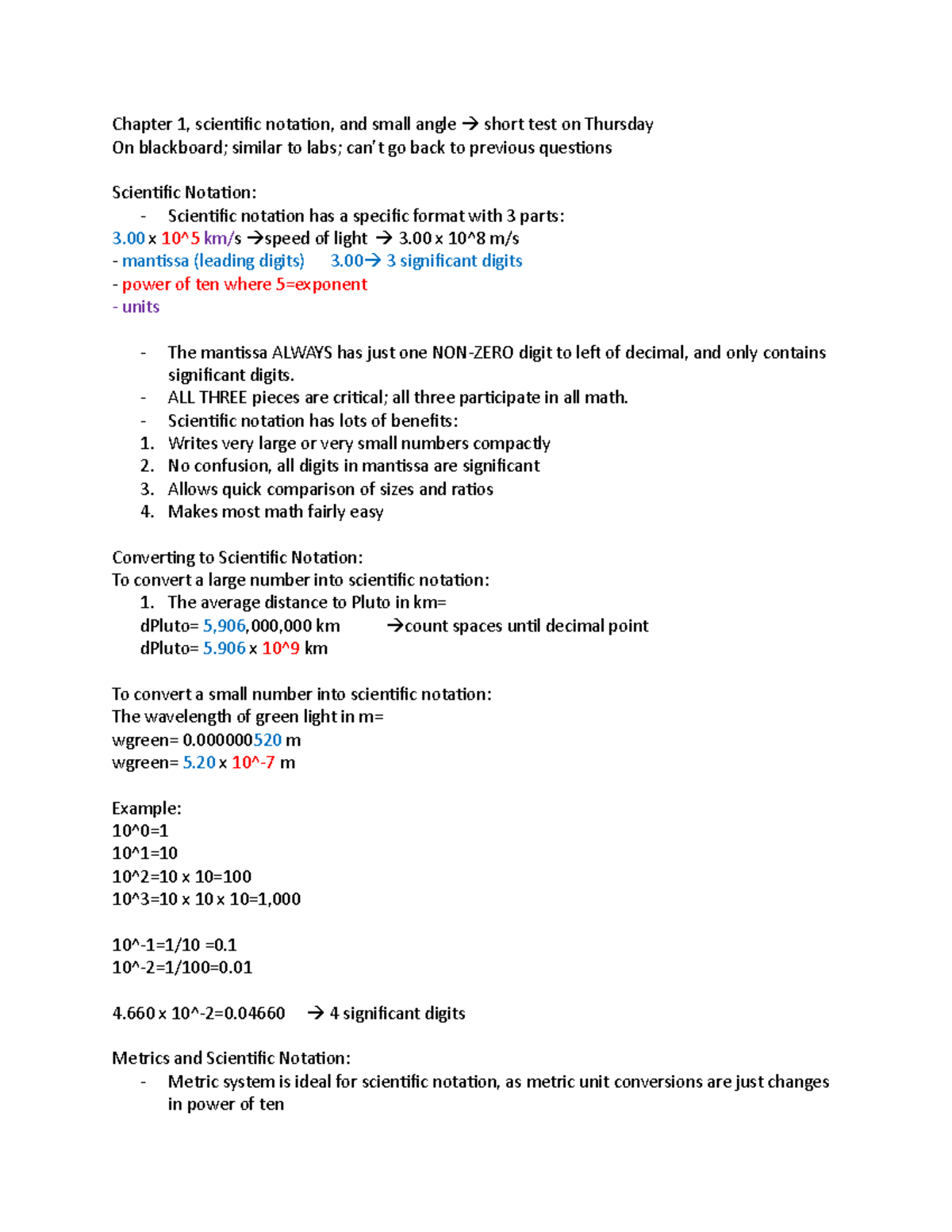 lecture notes from september - Chapter 1, scientific notation, and ...