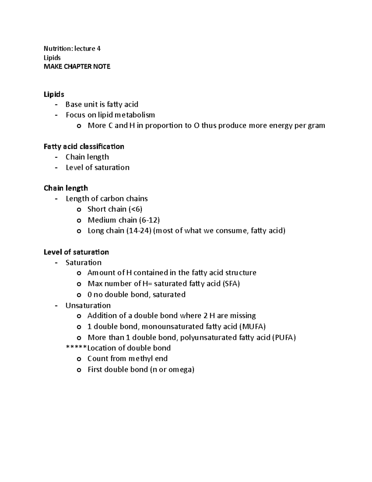 Nutrition lec 4 - lec notes - Nutrition: lecture 4 Lipids MAKE CHAPTER ...