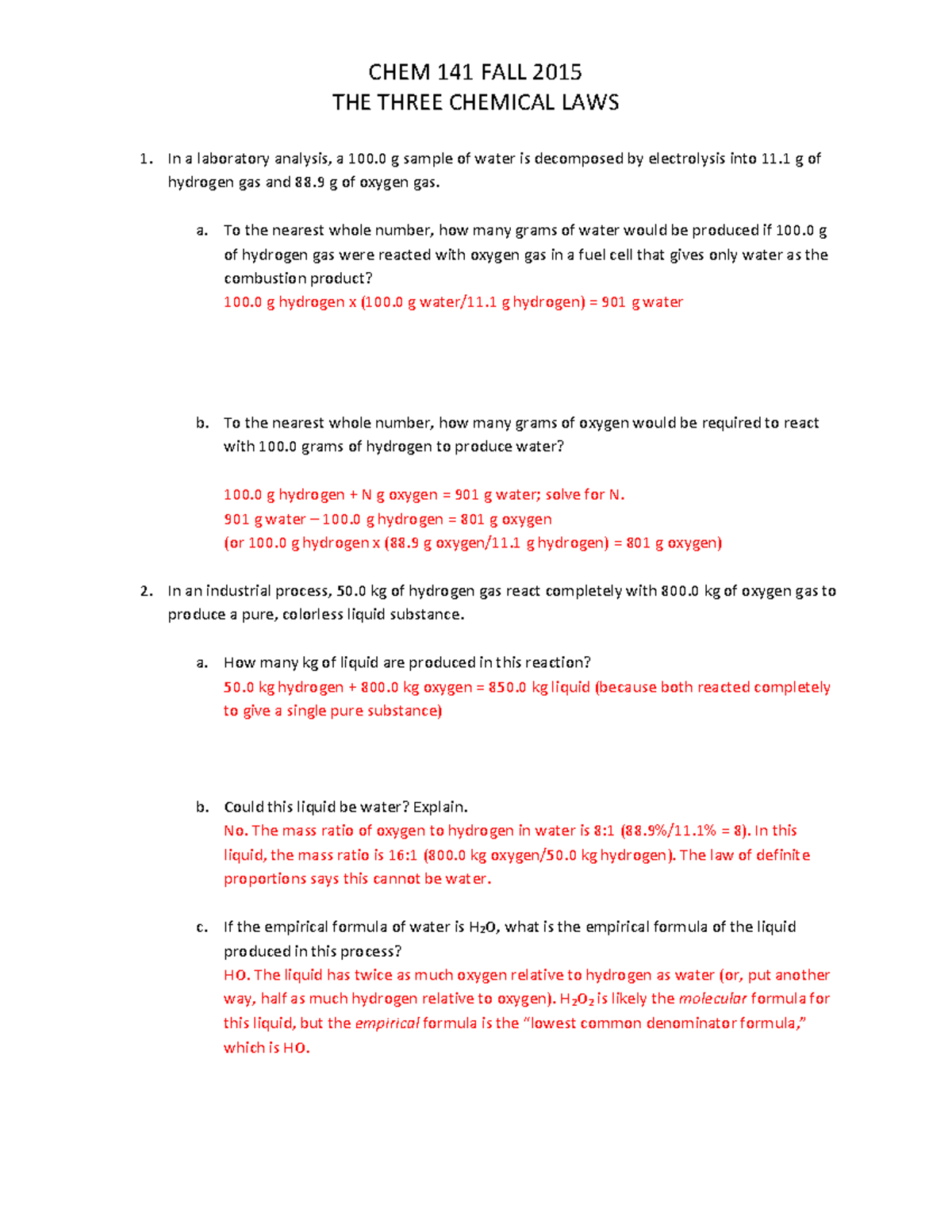 C1 3 Laws of Chemistry Answers - CHEM 141 FALL 2015 THE THREE CHEMICAL ...
