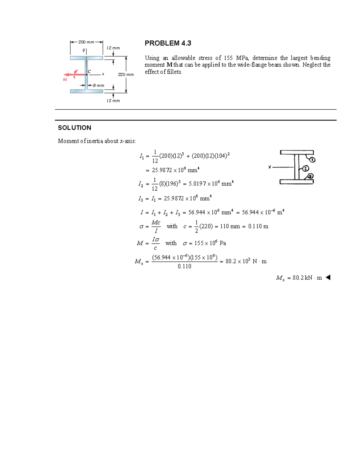 HW 8 - Homework set 8 Solutions - 200 mm PROBLEM 4 12 mm y C x Using an allowable stress of 155 ...