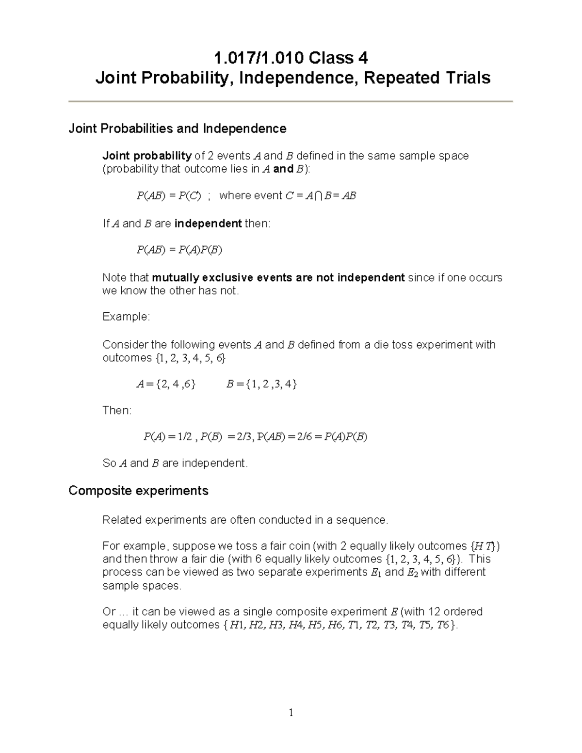 Joint Probability, Independence, Repeated Trials - 1.017/1 Class 4 ...