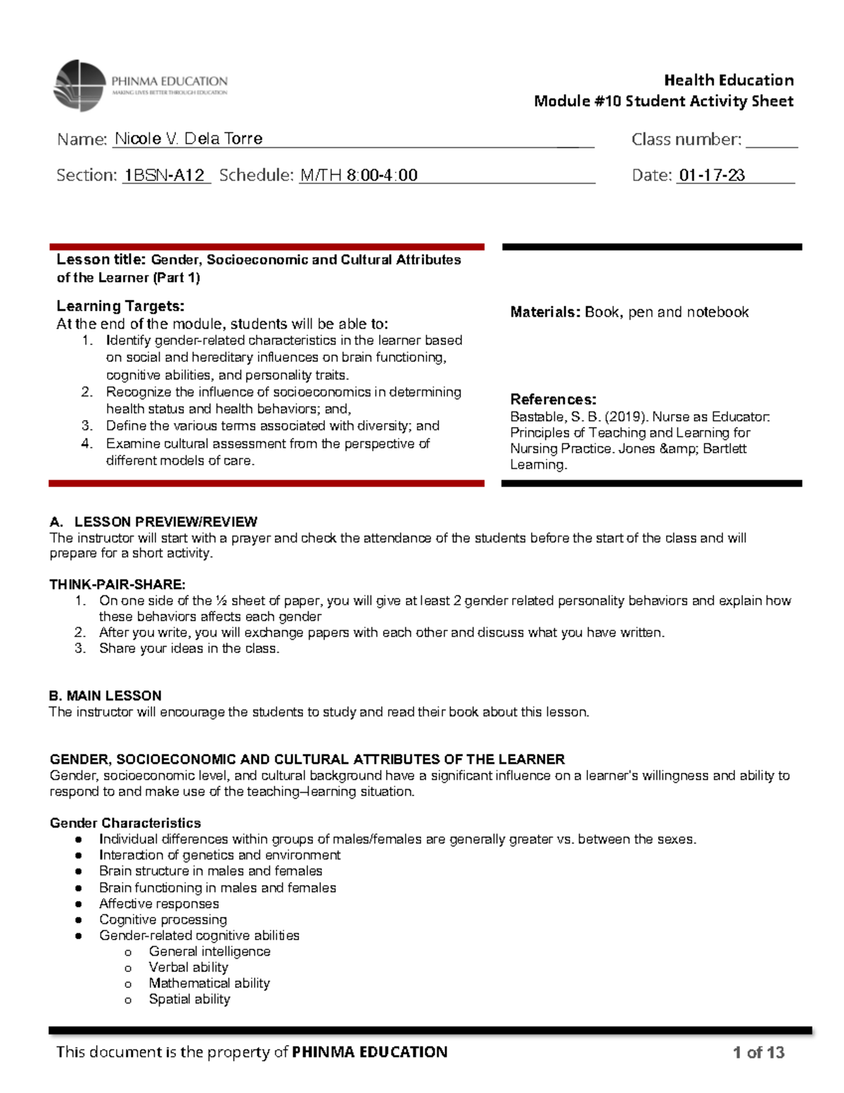 Dela Torre, Nicole HE SAS 10 - Module #10 Student Activity Sheet Name ...