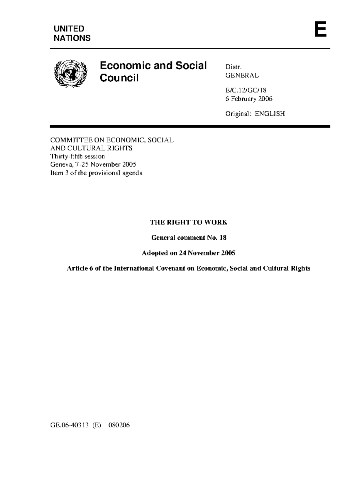 Cescr - general comment 18 right to work - UNITED NATIONS E Economic ...