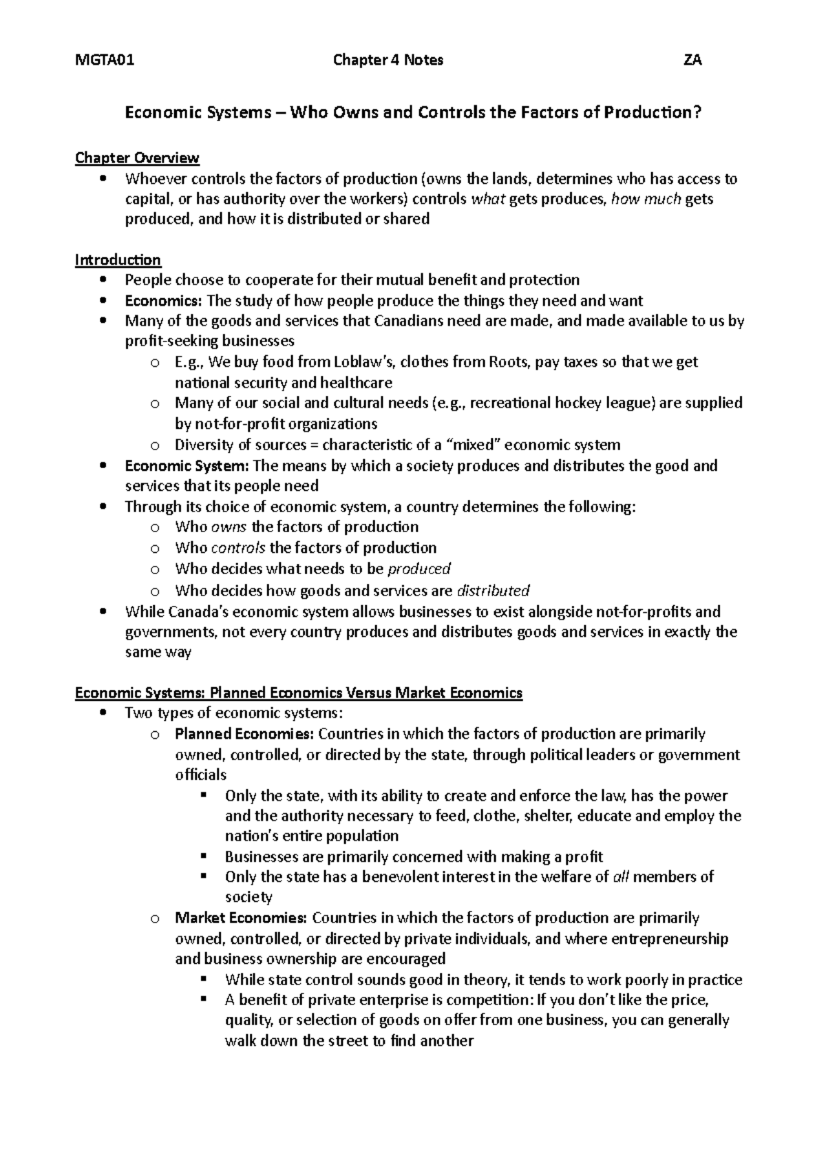 MGTA01 Chapter 4 Textbook Notes - Economic Systems – Who Owns and ...