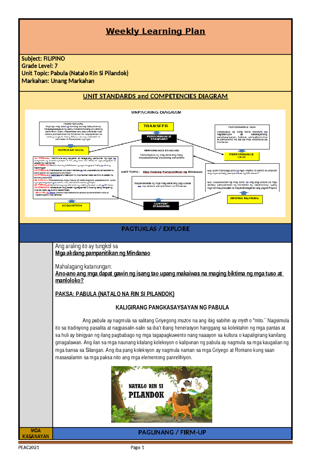 Learning Plan Filipino - Weekly Learning Plan Subject: FILIPINO Grade ...