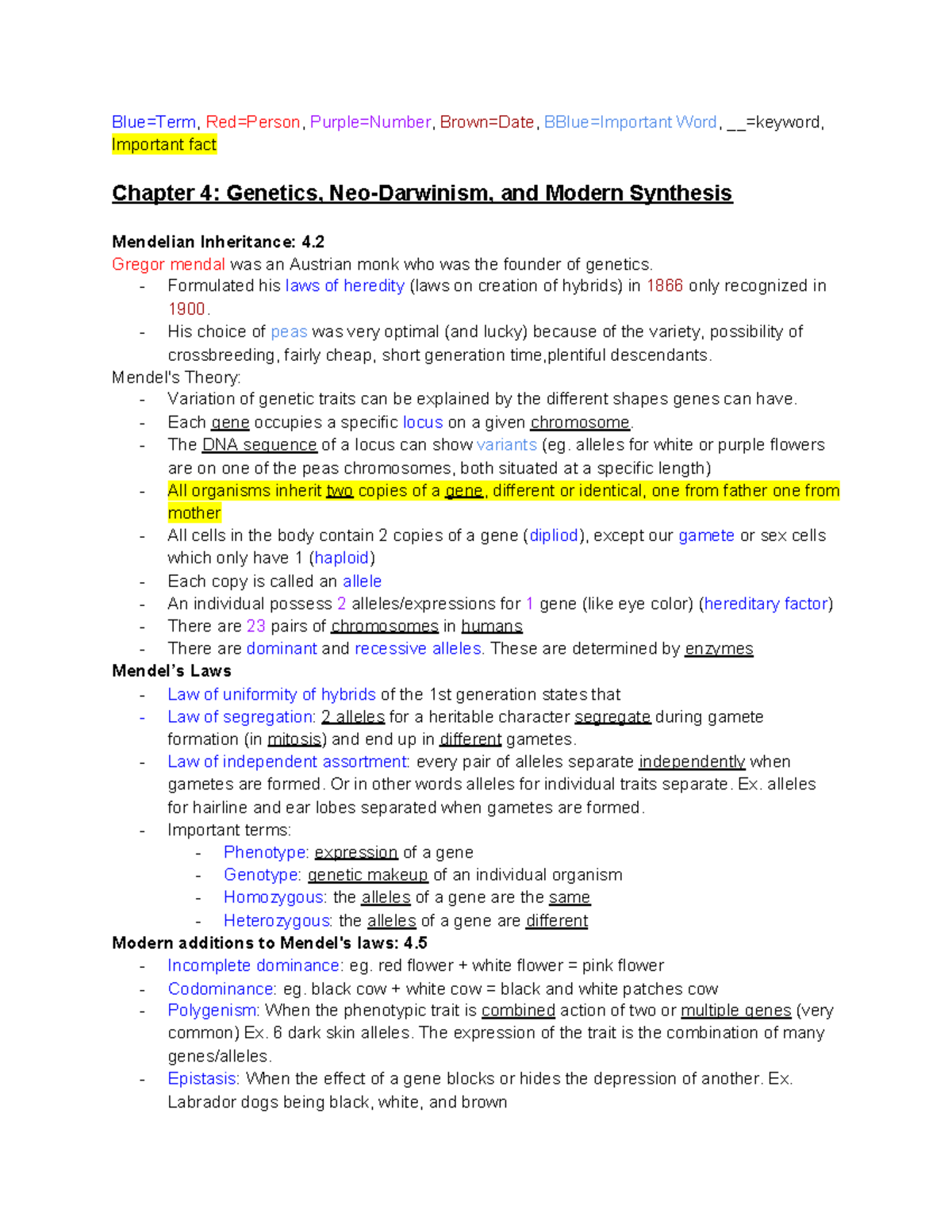 Bio Mid term 2 test - example - Blue=Term , Red=Person , Purple=Number ...
