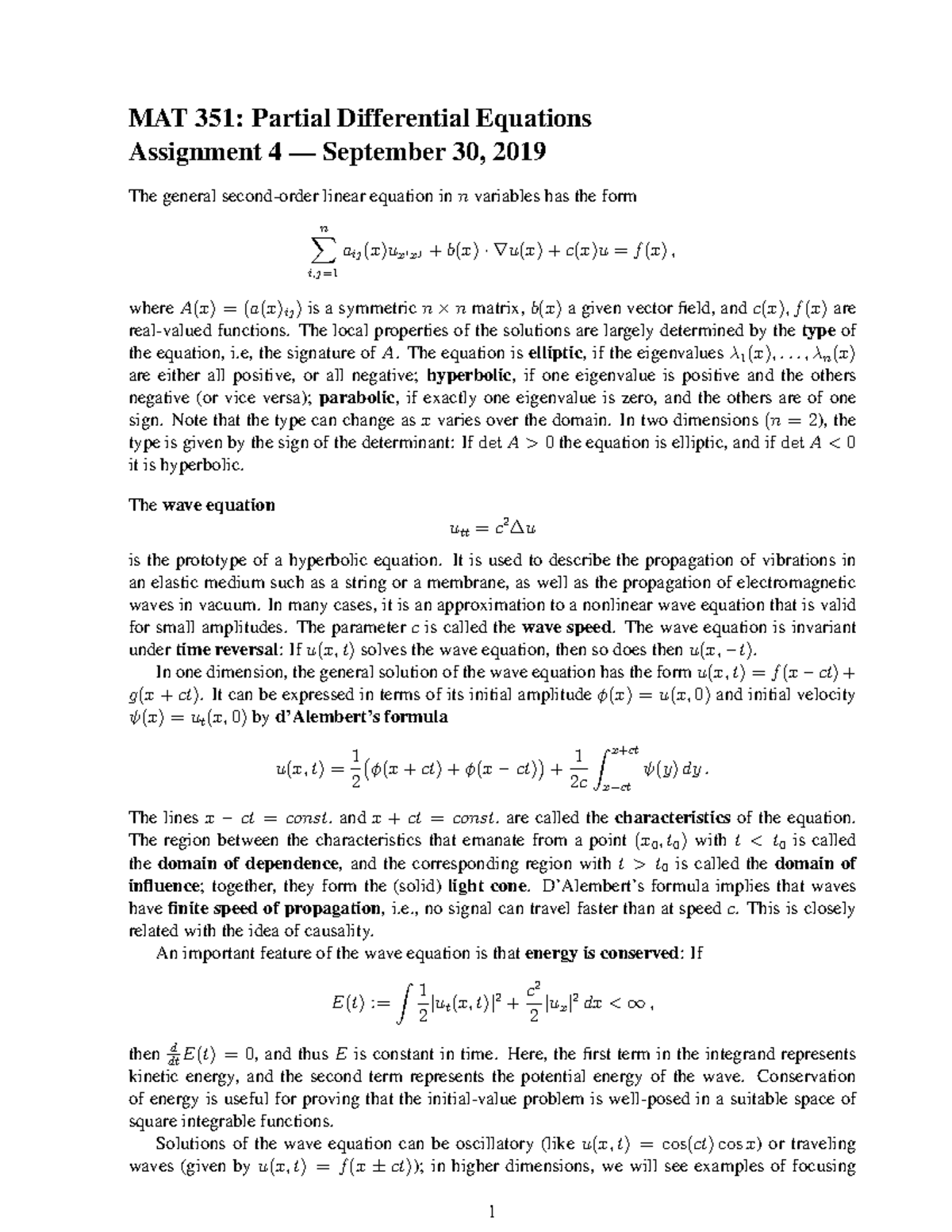 pde Assignment 1 - MAT 351: Partial Differential Equations Assignment 4 ...