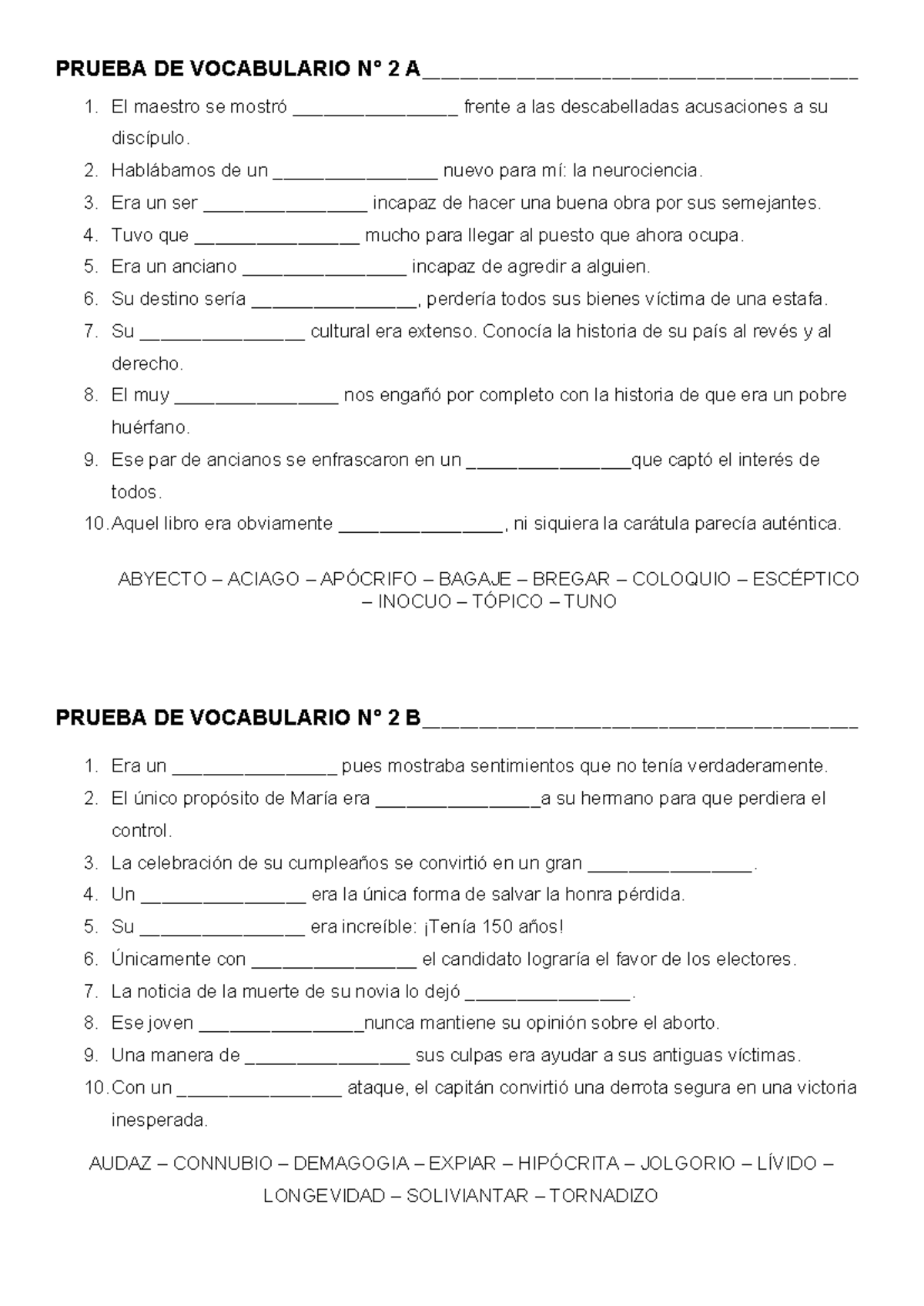 Prueba DE Vocabulario 2 - PRUEBA DE VOCABULARIO N° 2 A