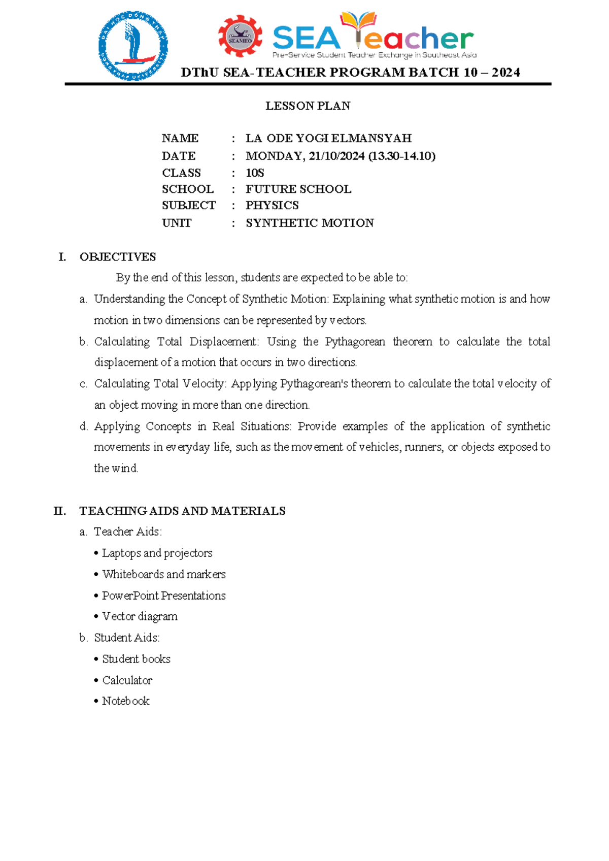 Lesson PLAN 4 - Lý 10 - DThU SEA-TEACHER PROGRAM BATCH 10 – 2024 LESSON ...
