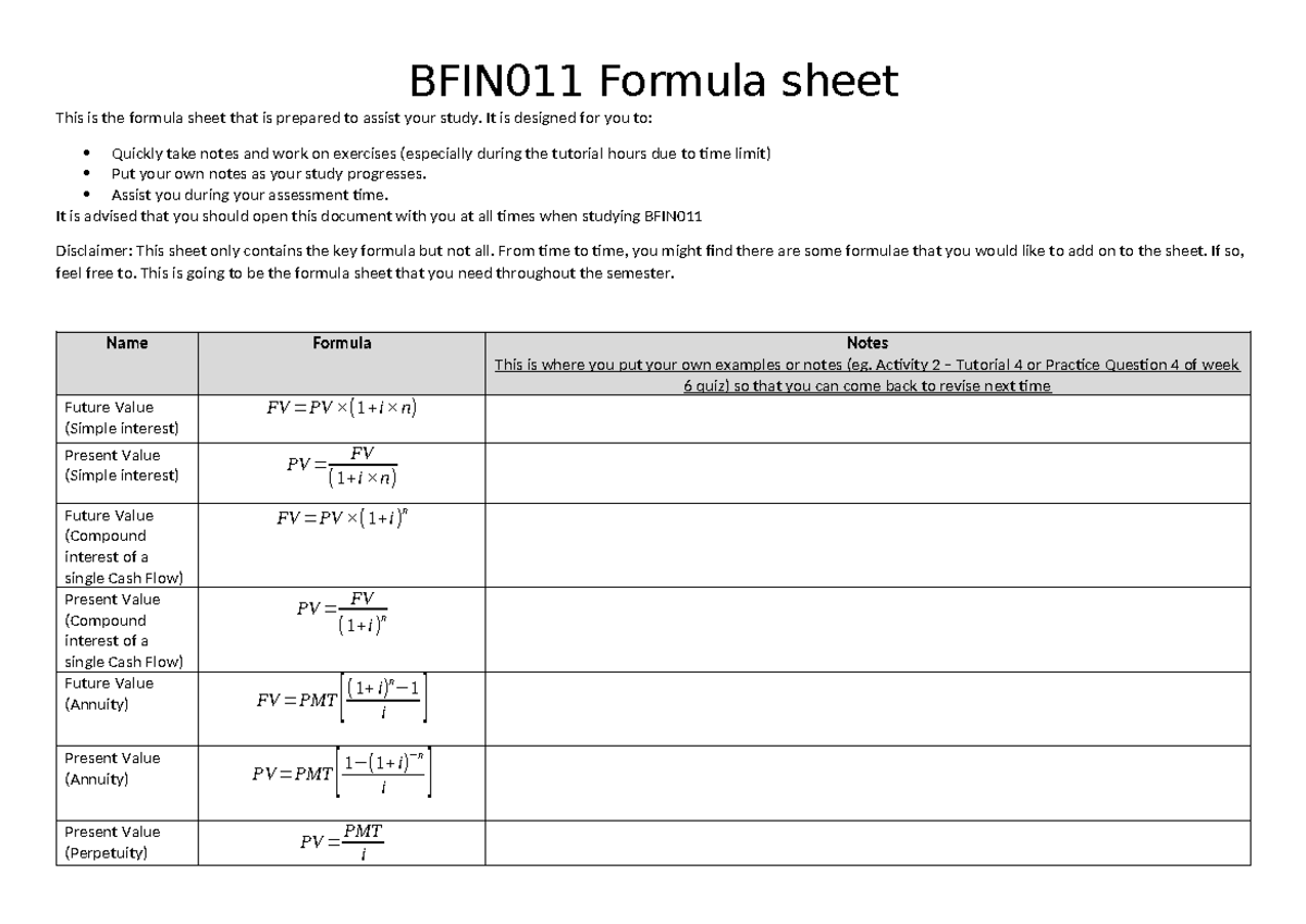 Formula sheet - Summary Fundamentals of Business Finance - BFIN011 ...
