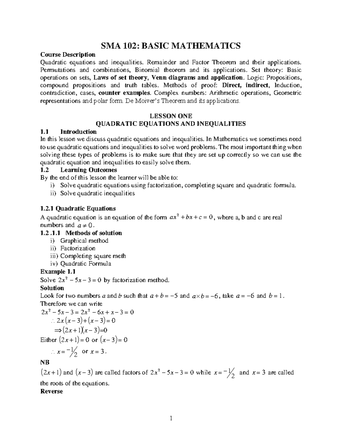 SMA 102 Notes - SMA 102: BASIC MATHEMATICS Course Description Quadratic ...