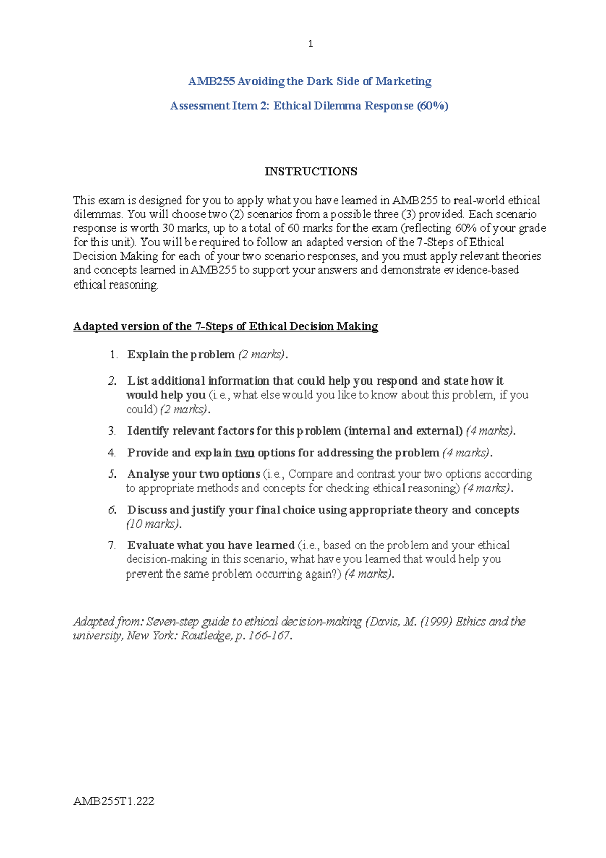 AMB255 Ethical Dilemma Response EXAM Paper - AMB255 Avoiding the Dark ...