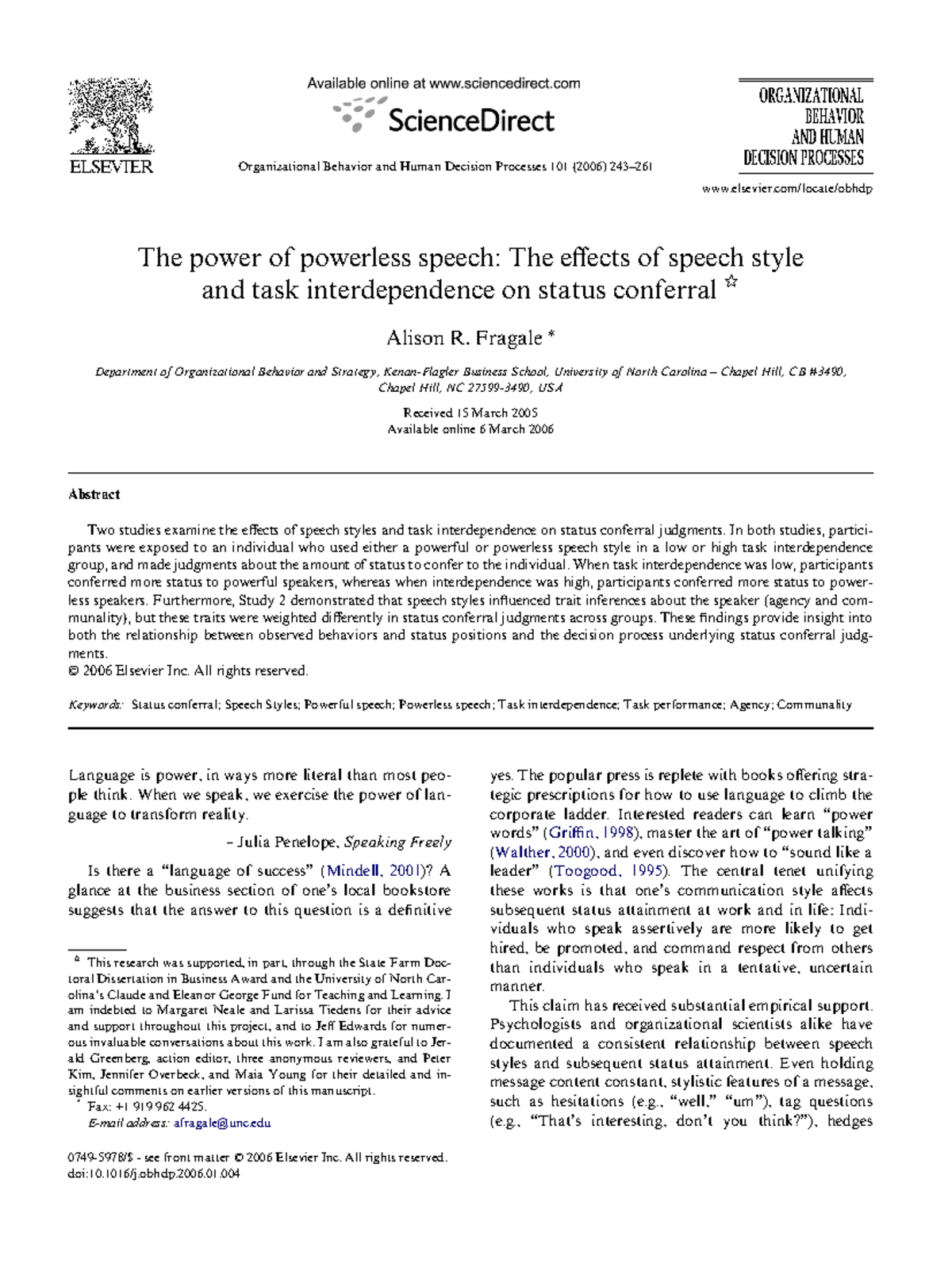 The power of powerless speech The e Vects of speech style communication ...