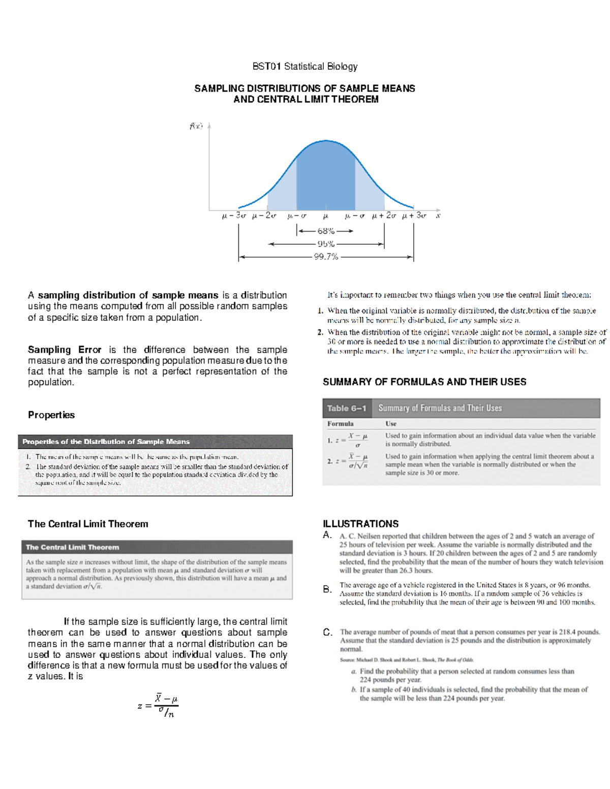 8 - Lecture Notes - BST01 Statistical Biology SAMPLING DISTRIBUTIONS OF ...