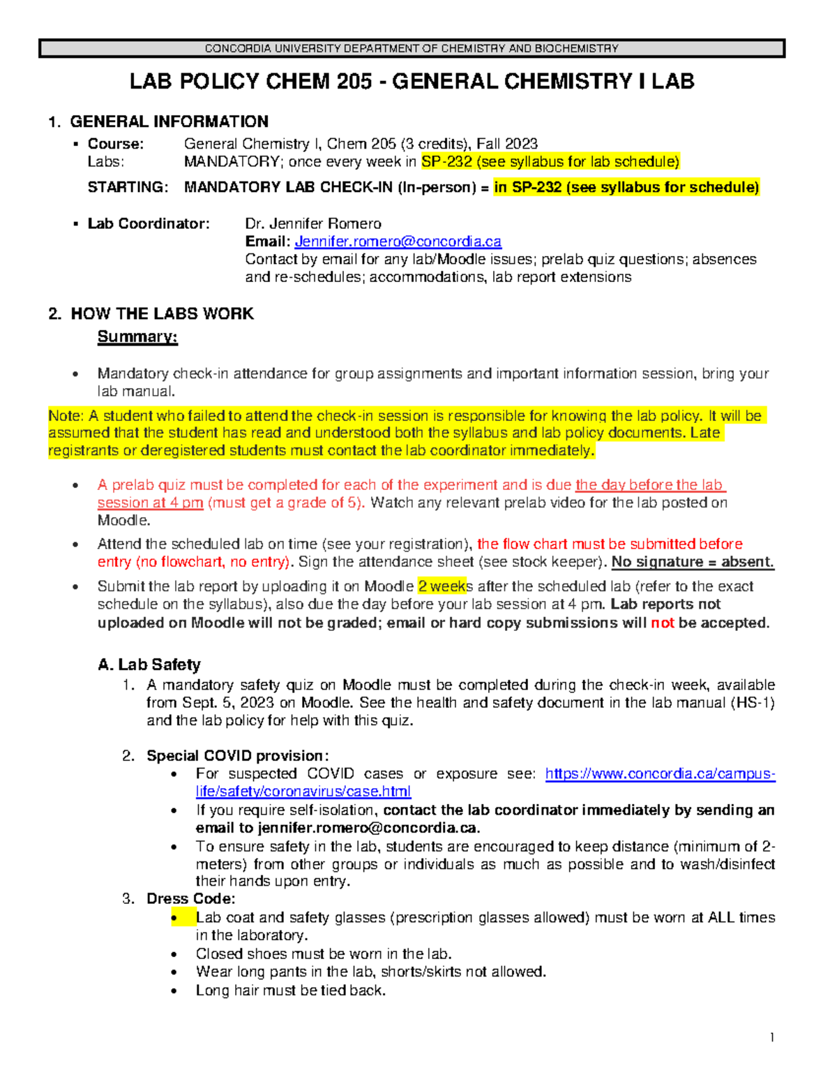 Chem 205 Lab Fall 2023 Lab Policy - LAB POLICY CHEM 20 5 - GENERAL ...