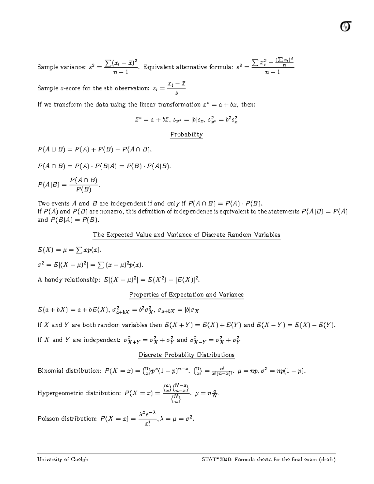 2040 W24 Final exam formulas - Sample variance: s 2 = ∑ (xi − x ̄) 2 n ...