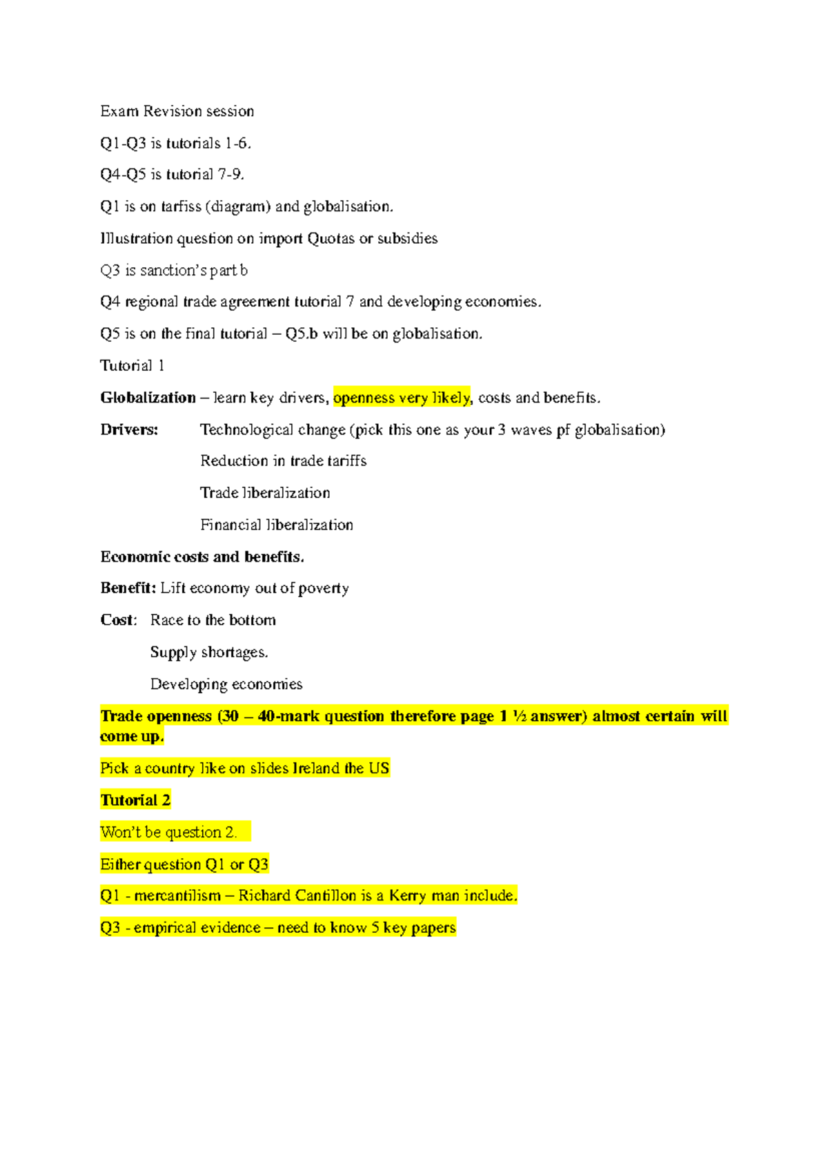 Ec4014 Revision - notes - Exam Revision session Q1-Q3 is tutorials 1-6 ...