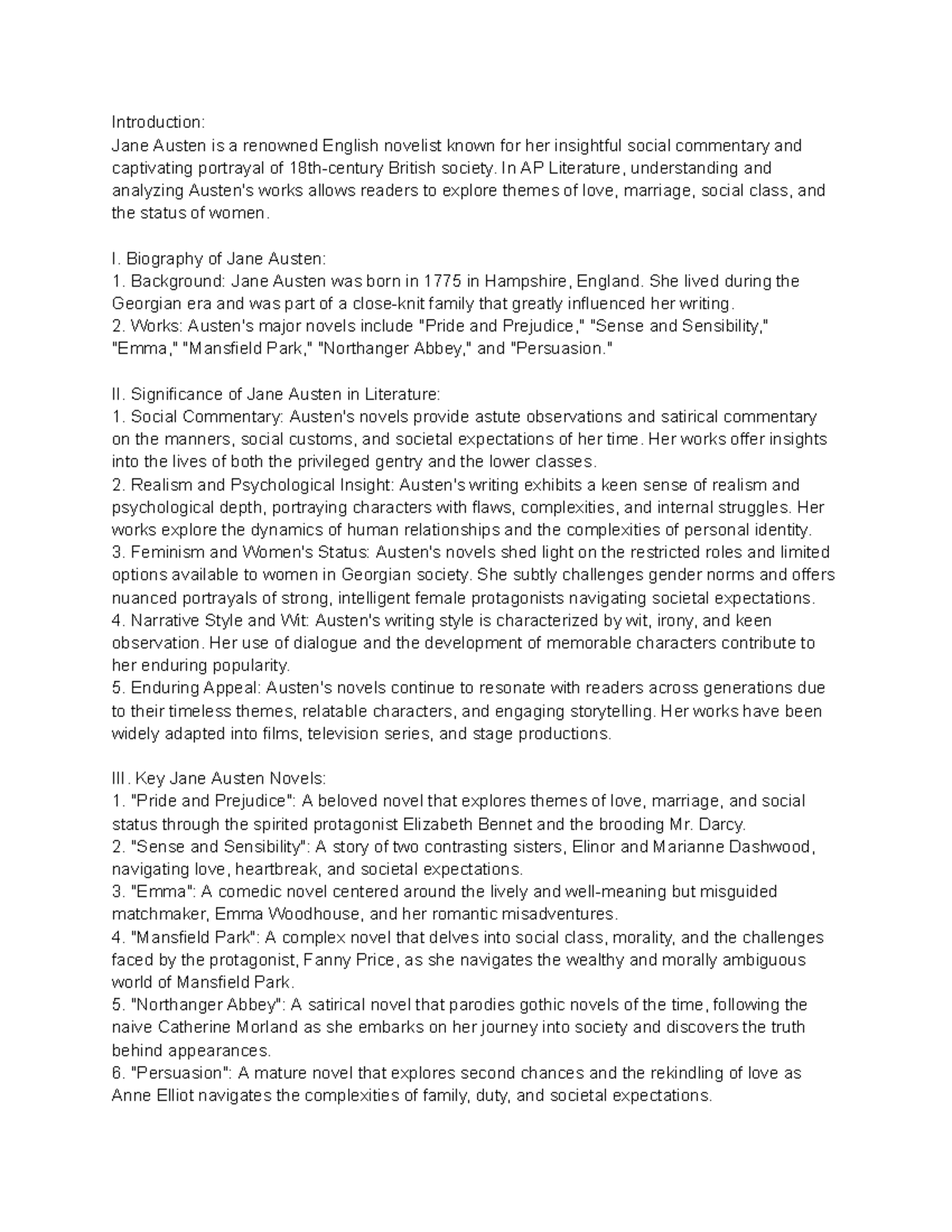 Jane Austen in AP Literature - Introduction: Jane Austen is a renowned ...