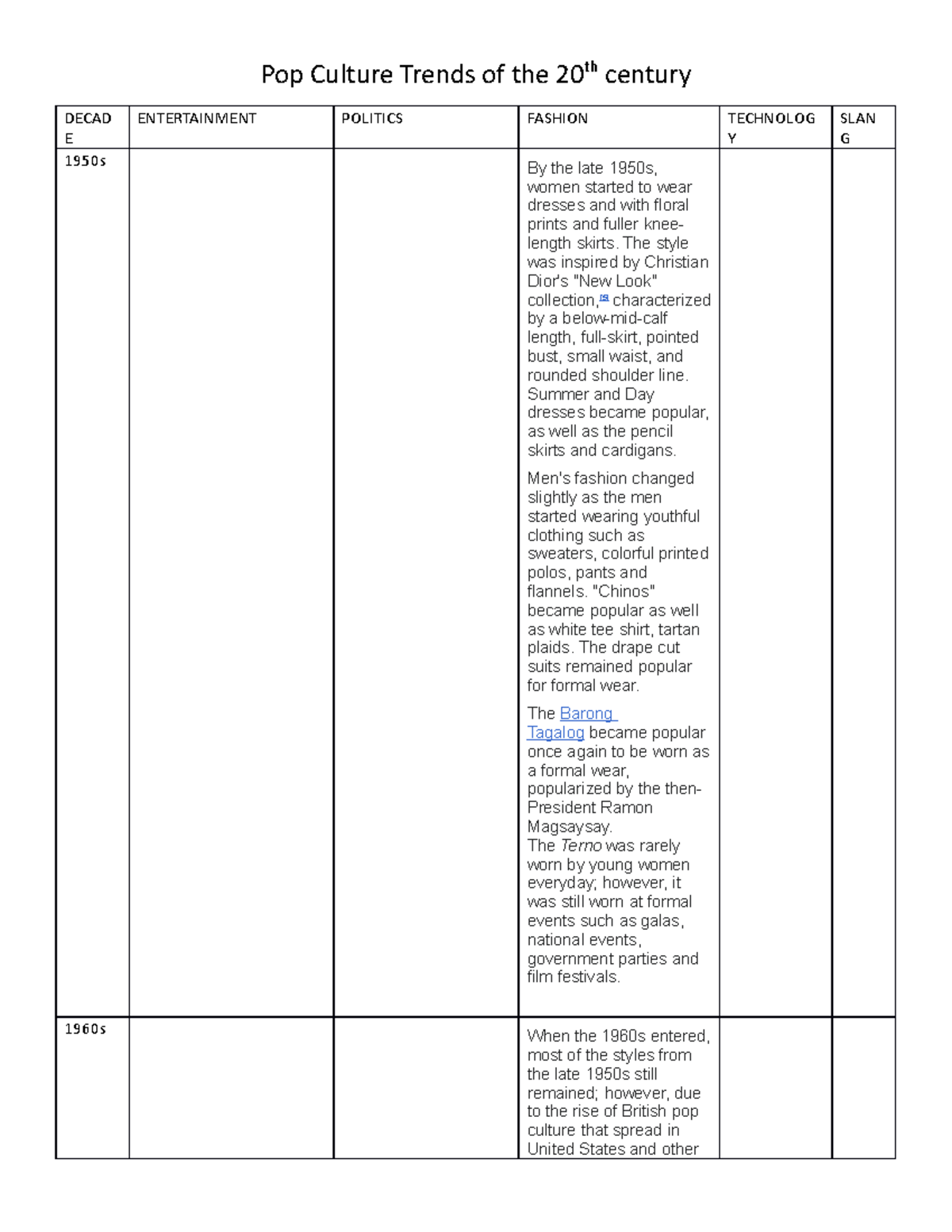 Pop cul - popular culture by decade - Pop Culture Trends of the 20 th ...