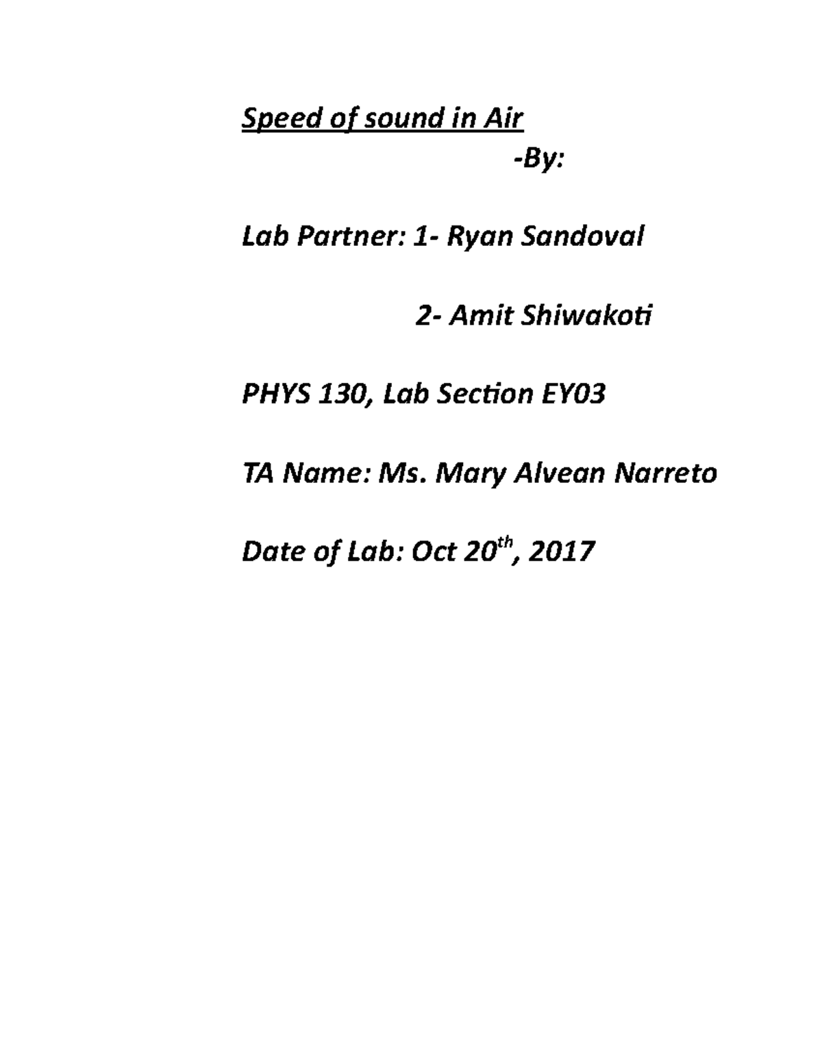Phys Lab-4 - lab 4 - Speed of sound in Air -By: Lab Partner: 1- Ryan ...