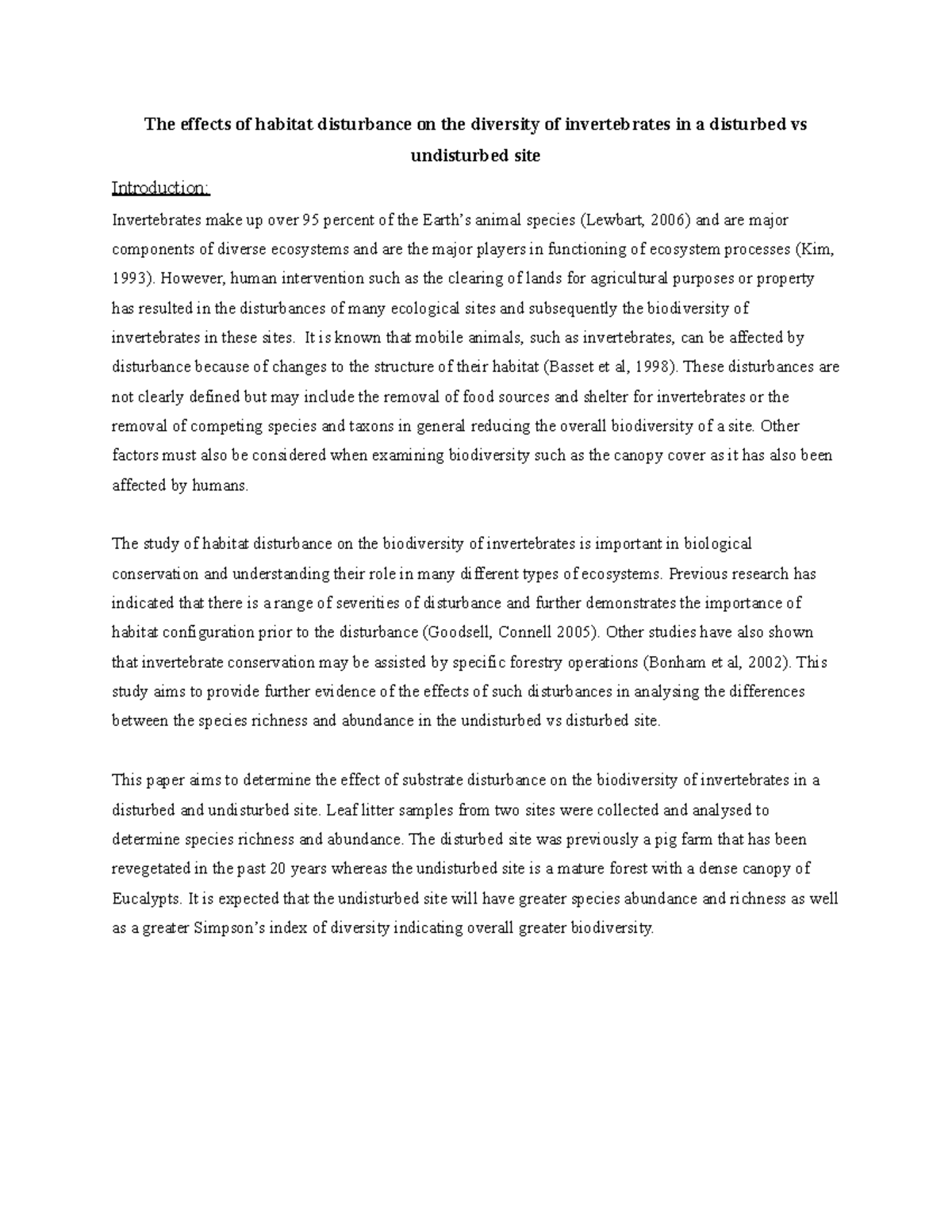 BIOL1006 Biodiversity Report Sem 1 - The effects of habitat disturbance ...