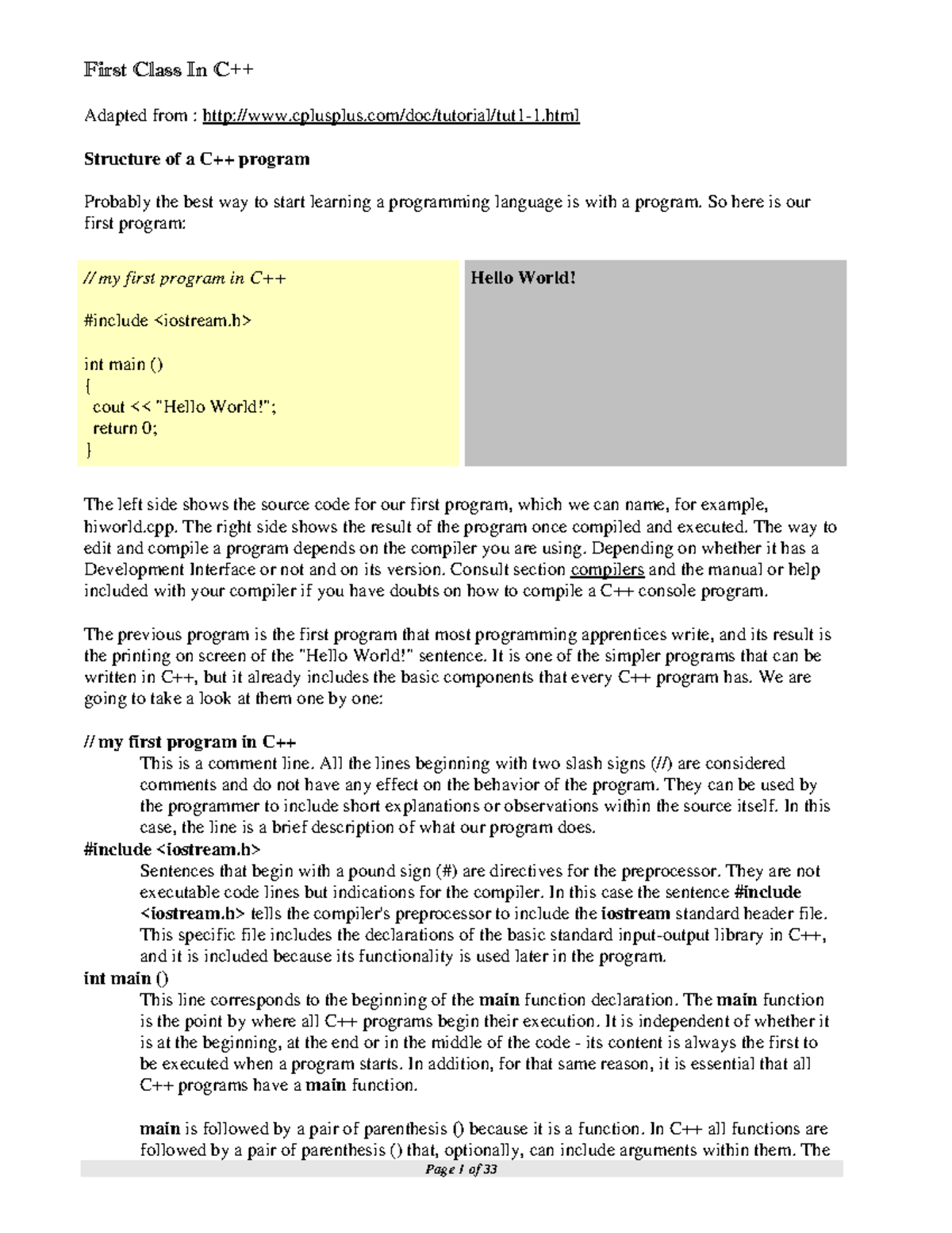 Introduction to c++ programming - First Class In C++ Adapted from ...