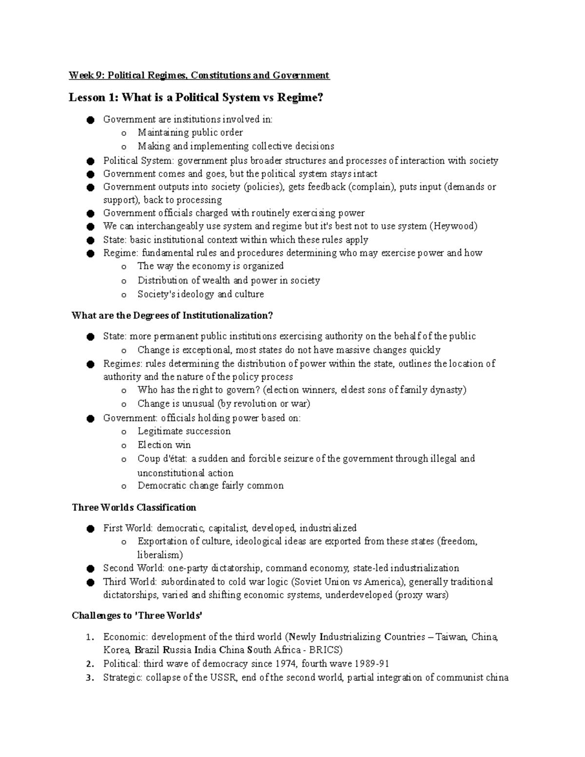 Poli Sci 1020 December Exam - Week 9: Political Regimes, Constitutions ...
