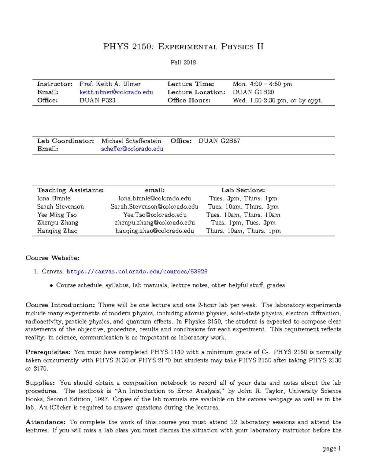 Syllabus - PHYS 2150: Experimental Physics II Fall 2019 Instructor ...