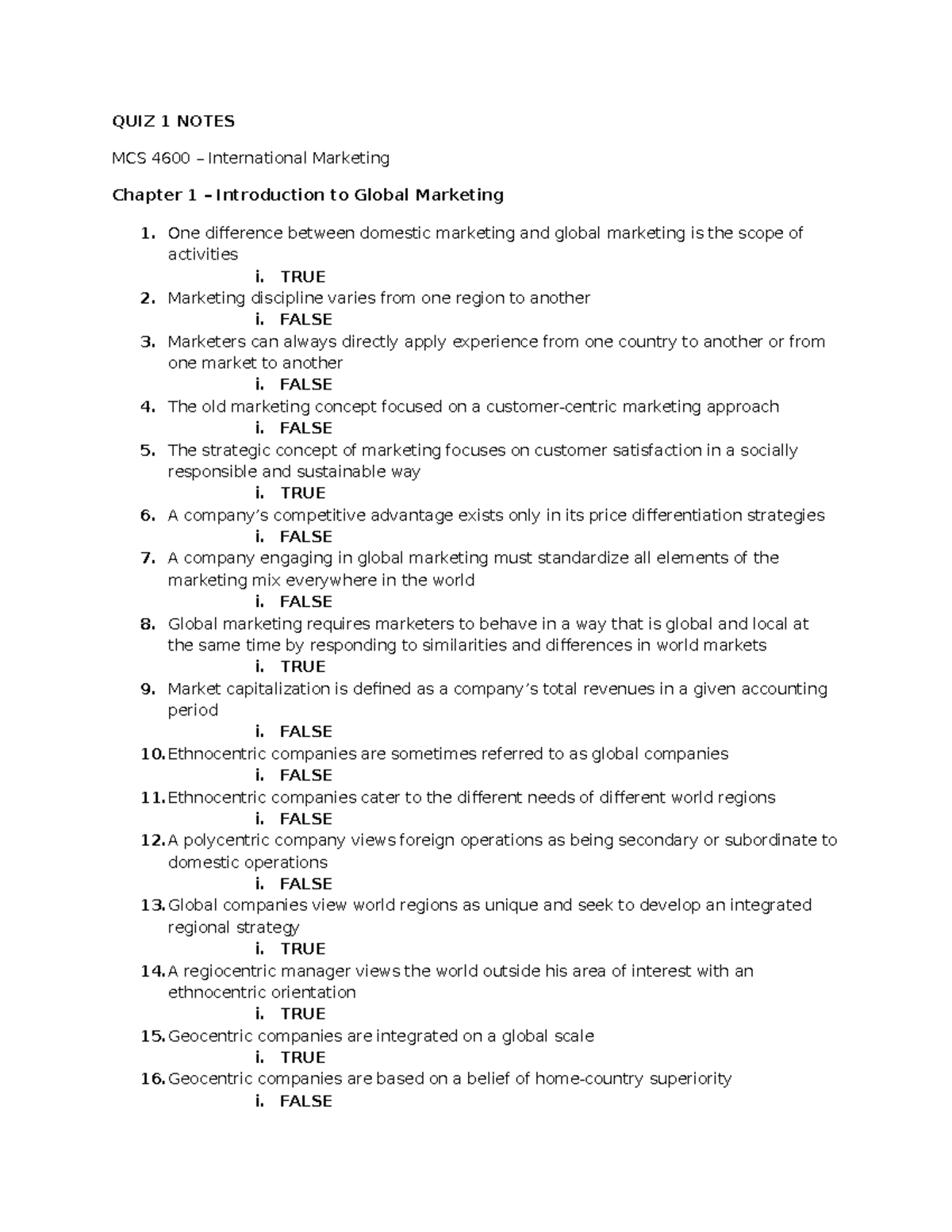 QUIZ 1 11 March 2019, questions and answers - QUIZ 1 NOTES MCS 4600 ...