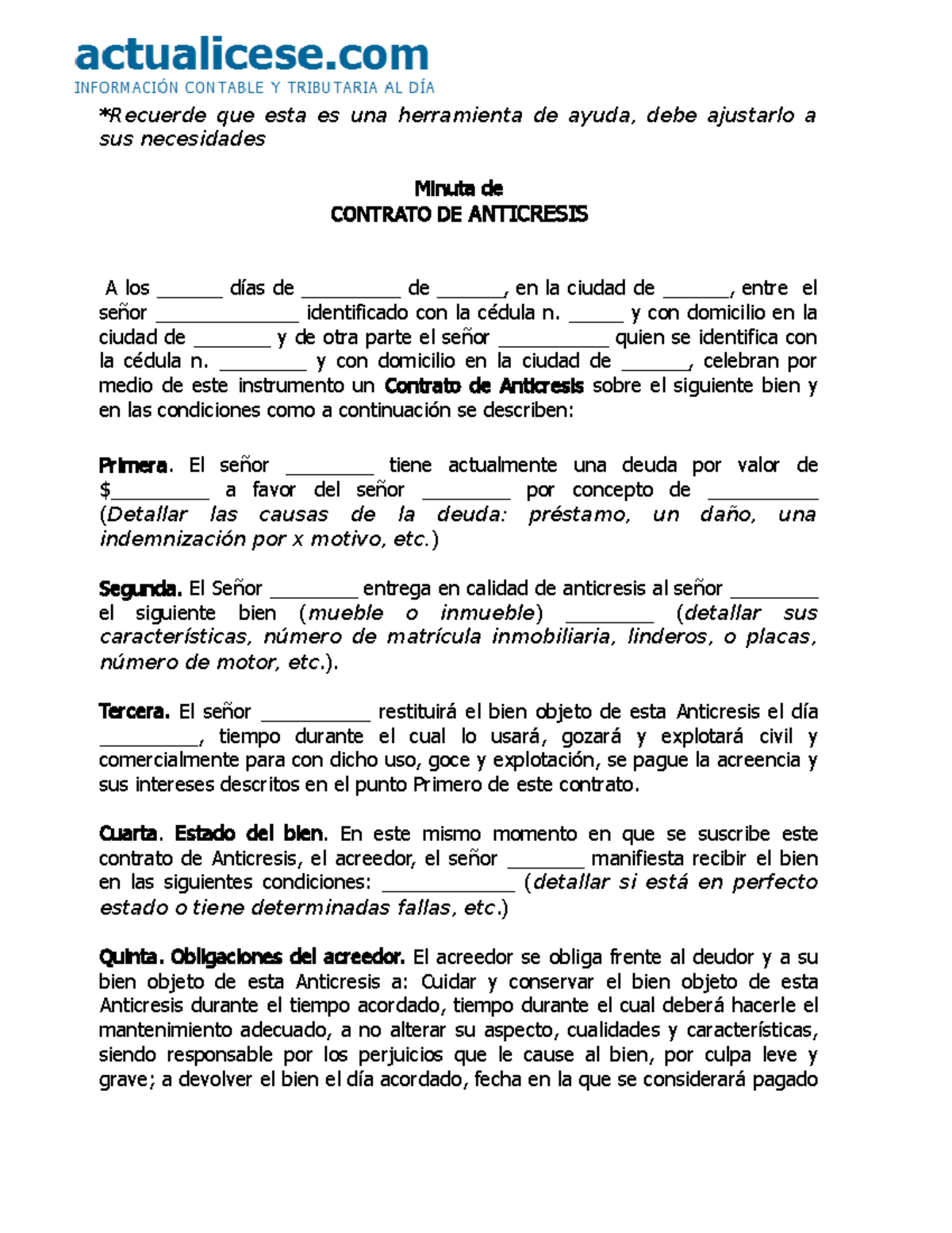 Contrato de Anticresis - * Recuerde que esta es una herramienta de ...