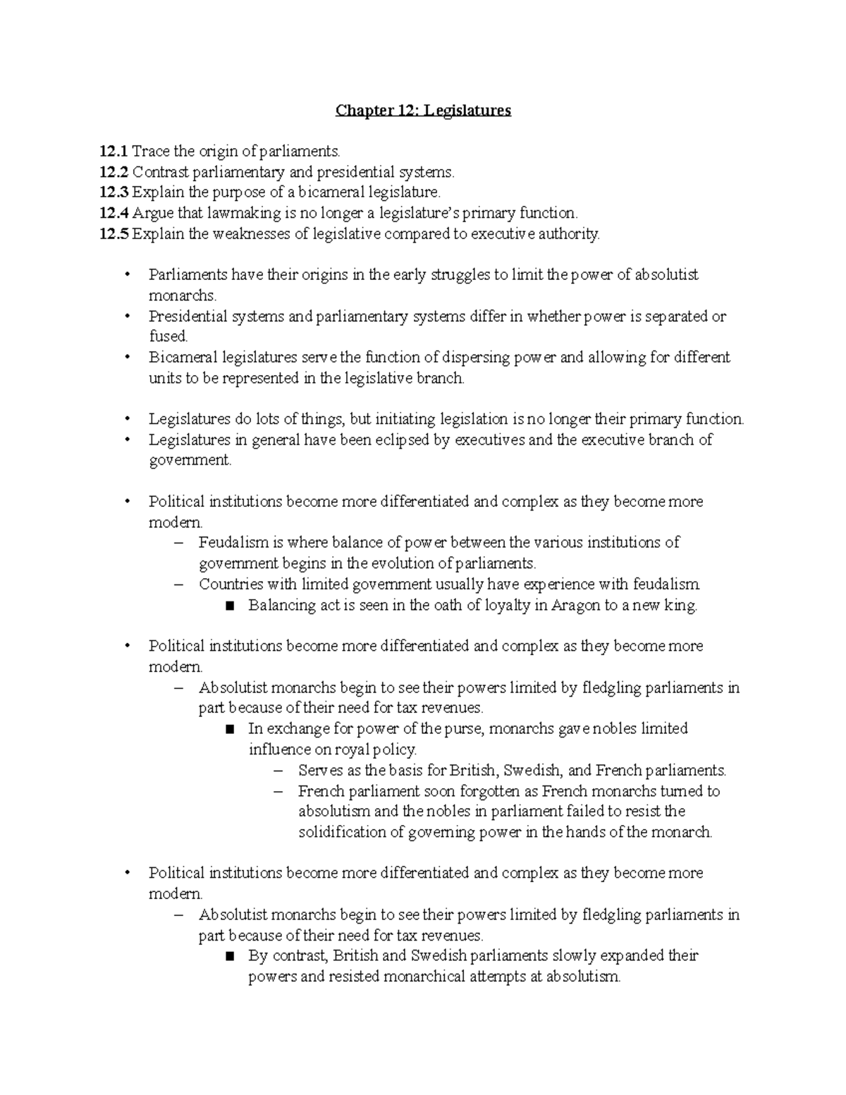 Chapter 12 Notes - Chapter 12: Legislatures 12 Trace the origin of ...