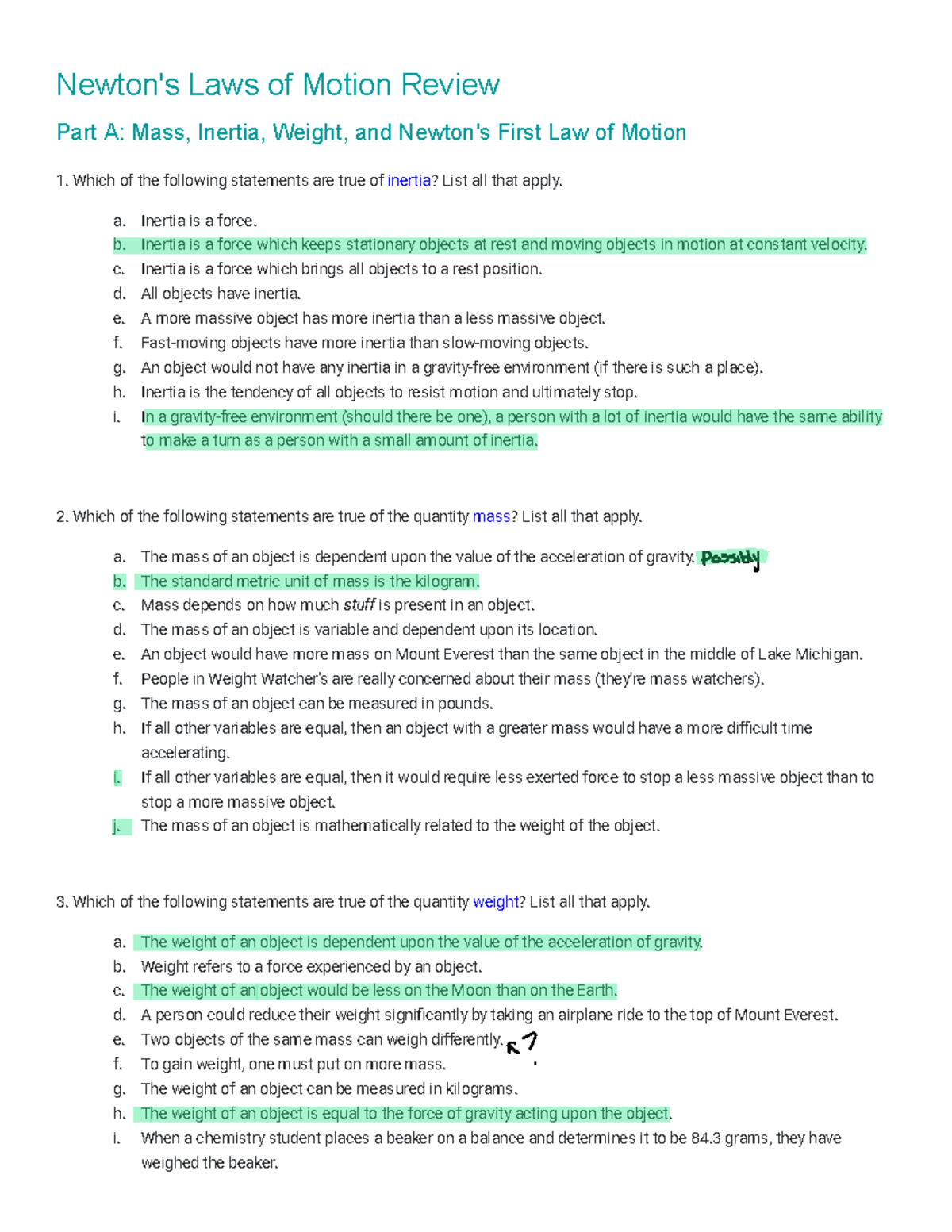 Newton's Laws of Motion Review - Which of the following statements are true of inertia? List all ...