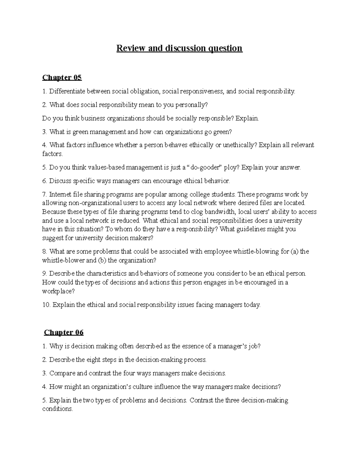 INTRODUCTION TO MANAGEMENT (Review and discussion question) - Review ...