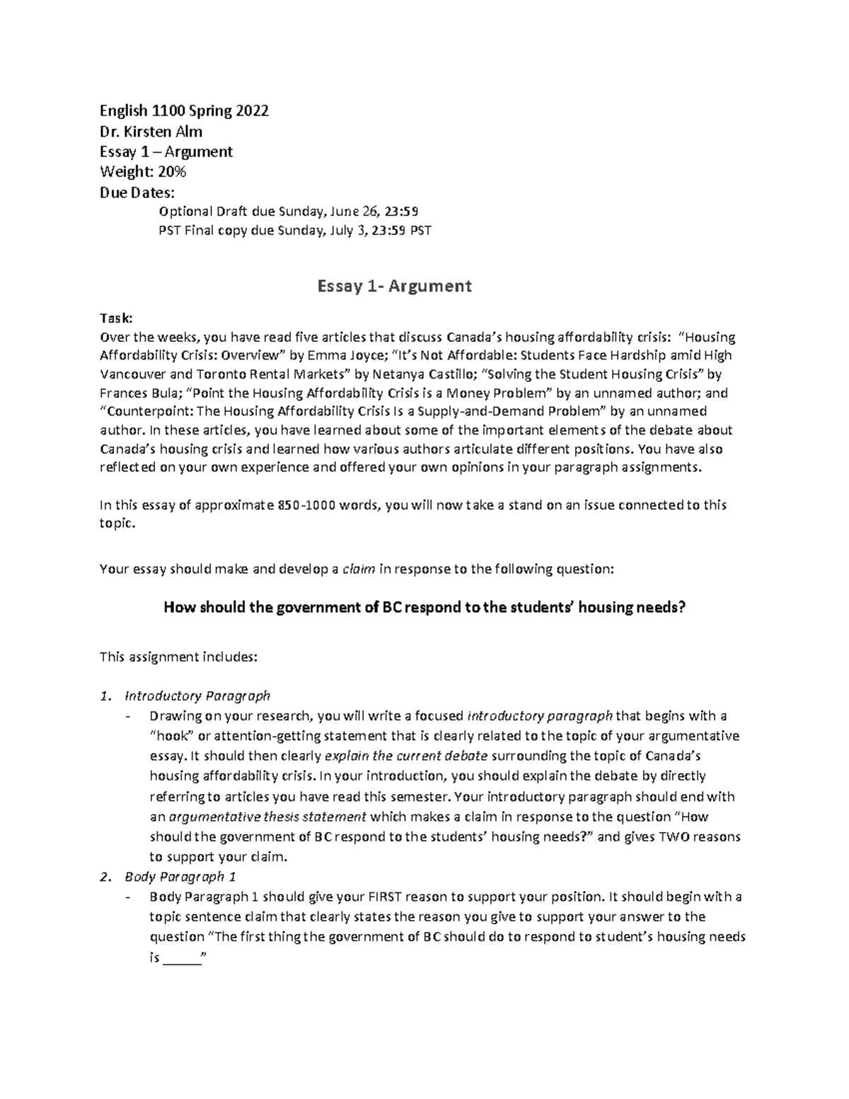 Assignment - Argument Essay - English 1100 Spring 2022 Dr. Kirsten Alm ...