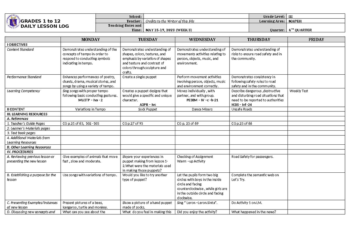 DLP Mapeh 3 Q4 W3 MAY 15-19, 2023 - GRADES 1 to 12 DAILY LESSON LOG ...