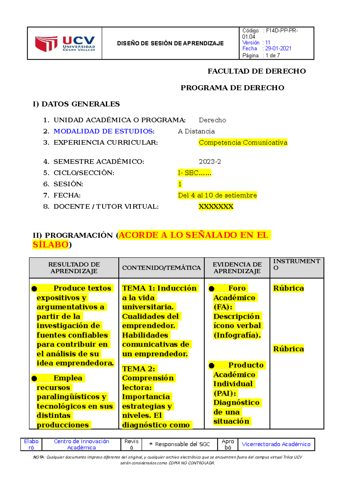 Modelo de sesi n de aprendizaje - DISEÑO DE SESIÓN DE APRENDIZAJE 01. Versión : 11 Fecha : 29-01 ...